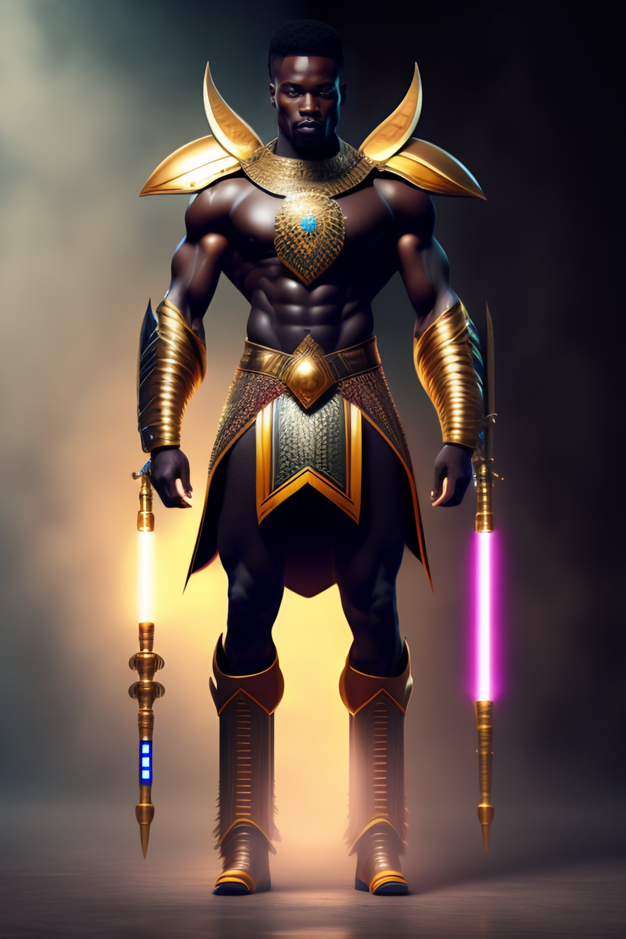 Lexica - Futuristic African warrior with a light saber full body view