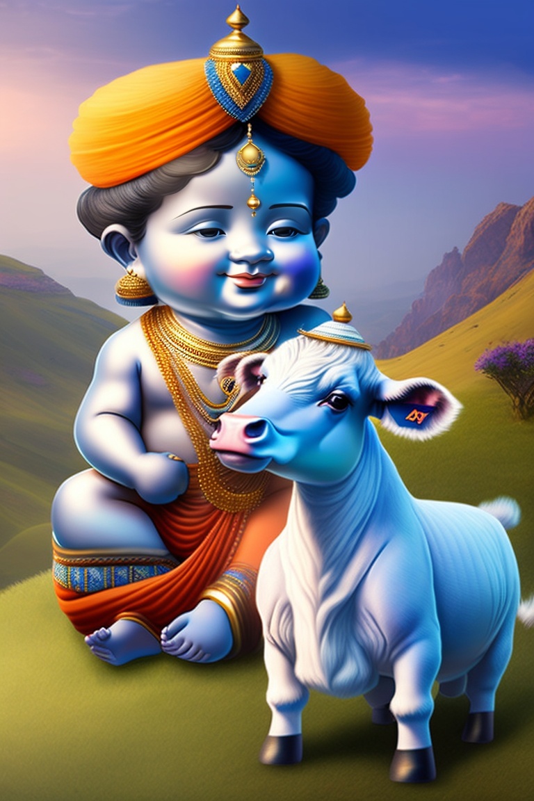 Lexica - Baby god krishna in universe baby cow smiling and sitting ...