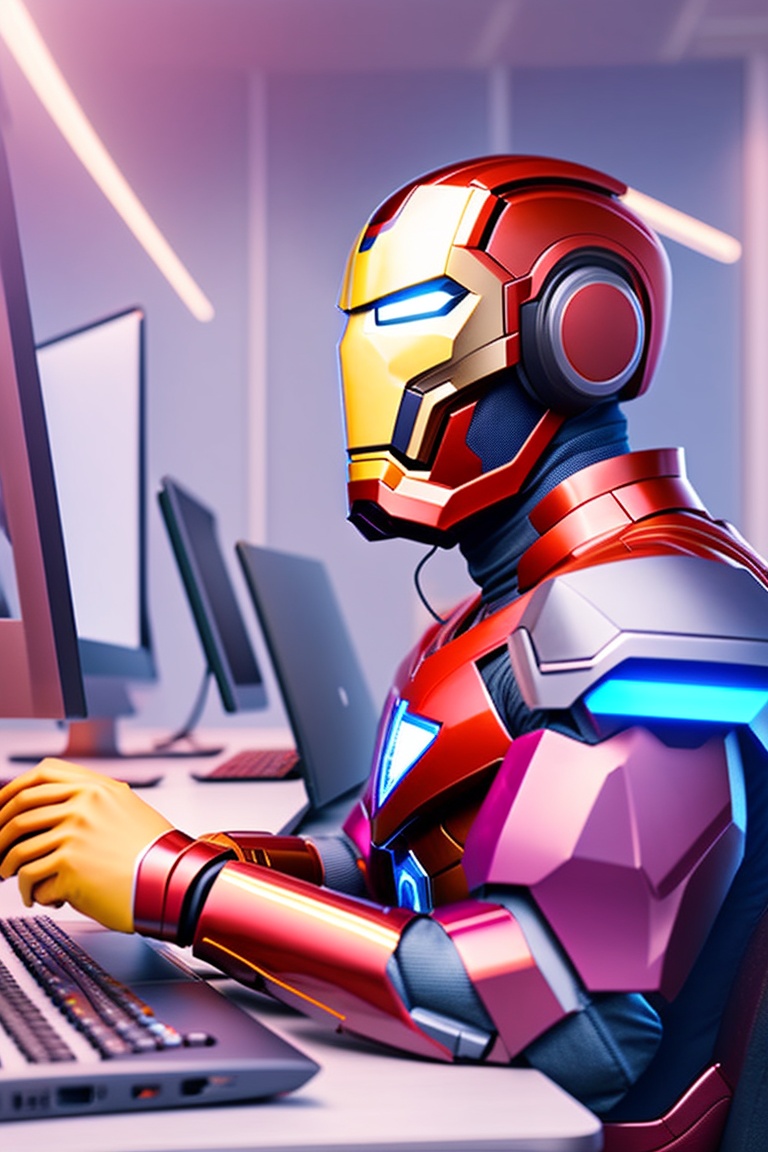 Lexica - A student dressed like iron man sitting in a computer lab ...