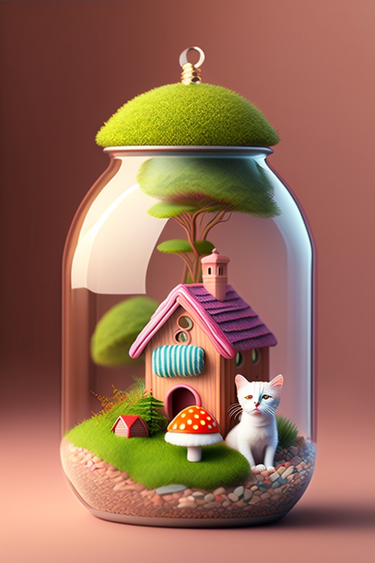 Lexica - Cute terrarium with a little mushroom, a small cat and a house