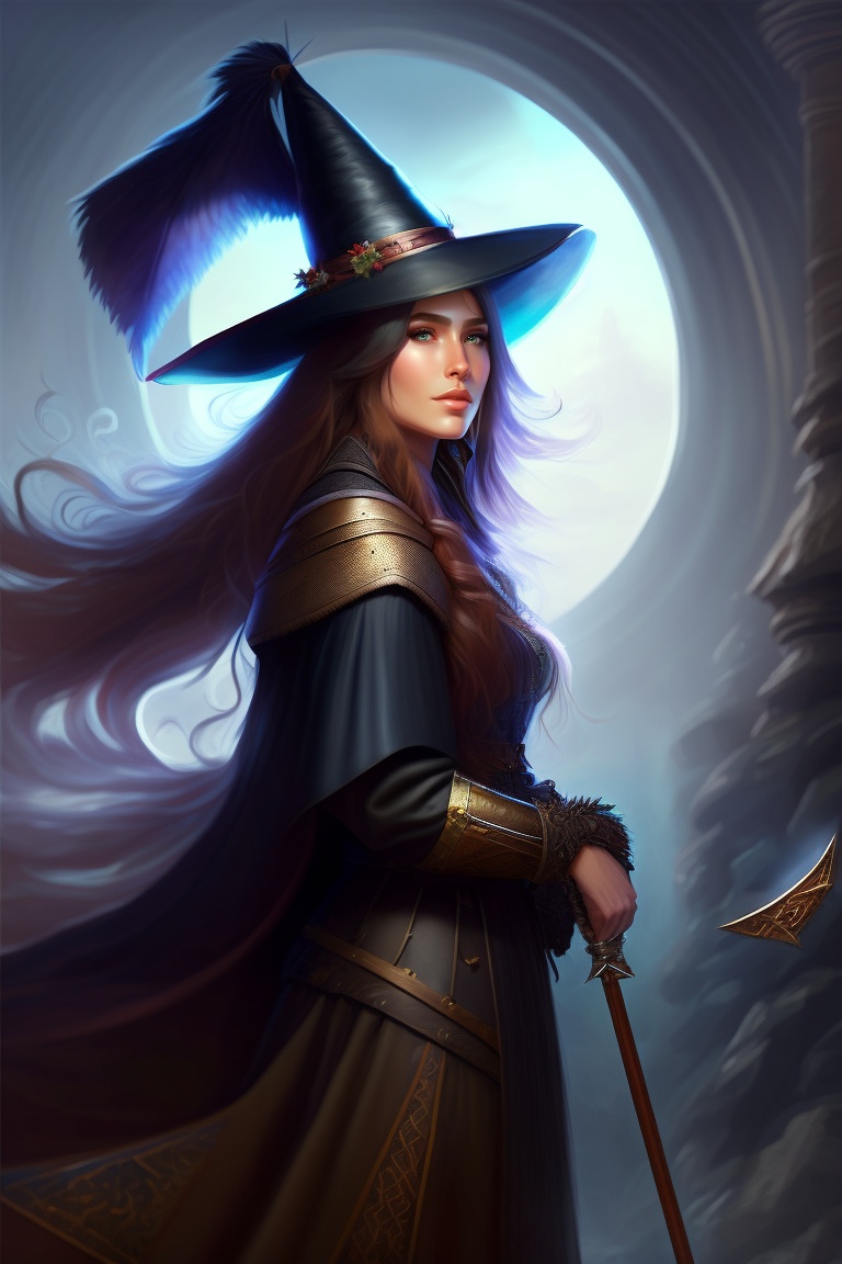 Lexica - A witch with an arrow, long hair, dark area, an hat, a long stick