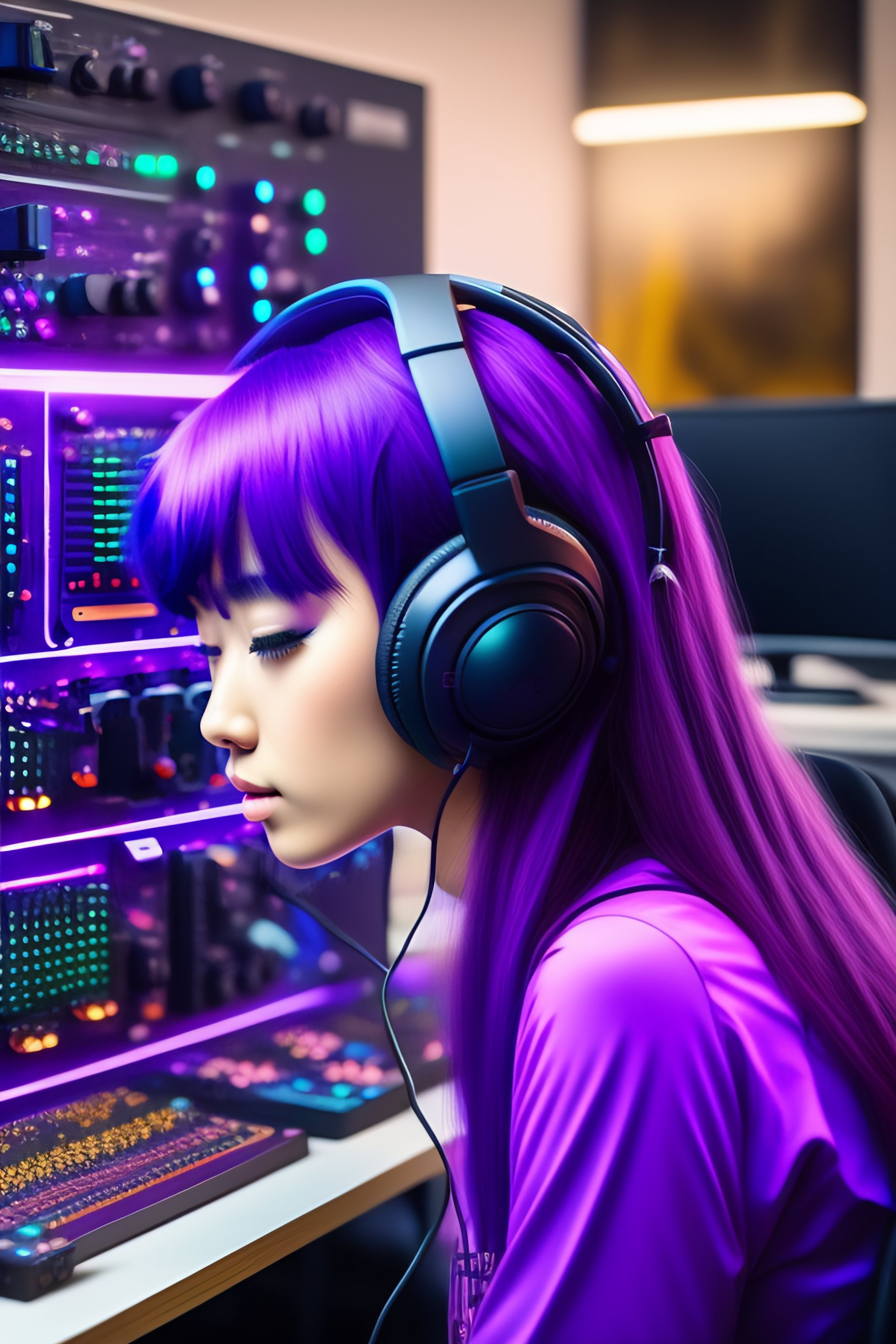 Lexica - Anime girl with purple hair, programming a modular synthesizer ...