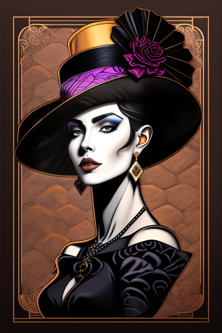 Lexica - A drawing of a woman with a hat on her head, close-up portrait ...