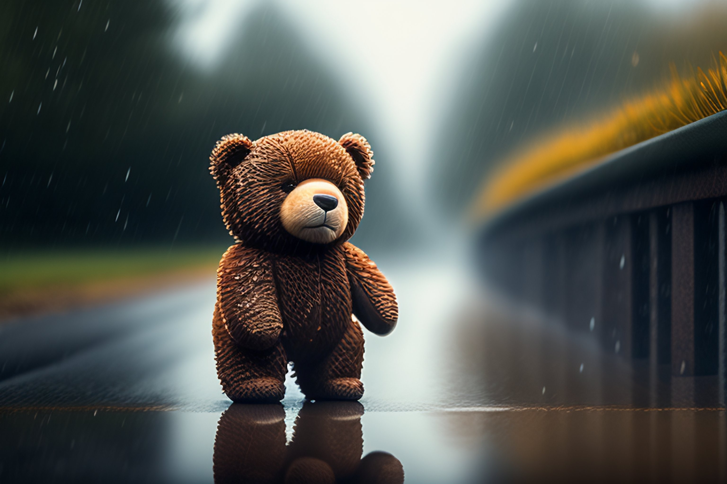 Lonely Teddy Bear In Rain
