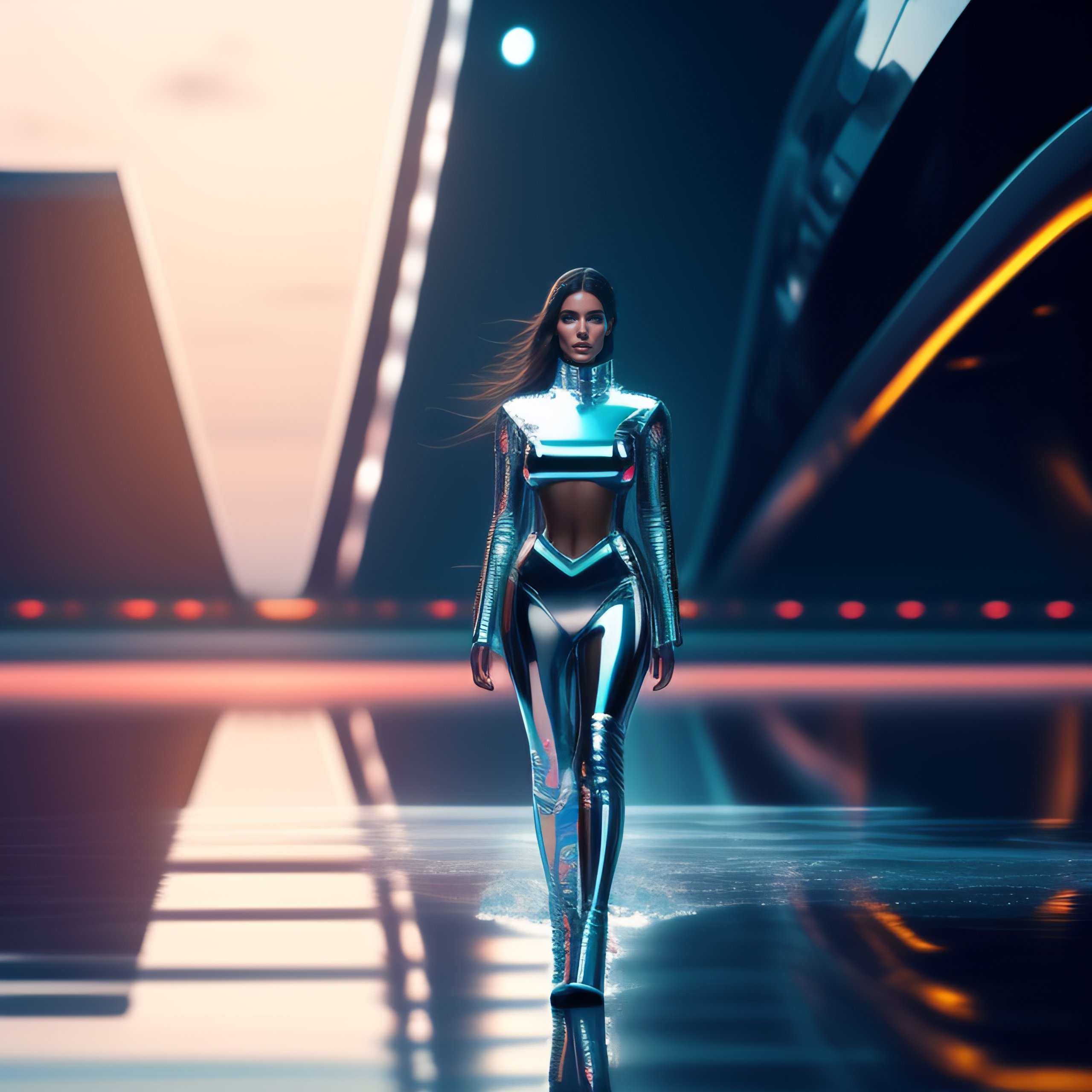 Lexica - Cyber girl wearing chrome, shining reflections, walking on the ...