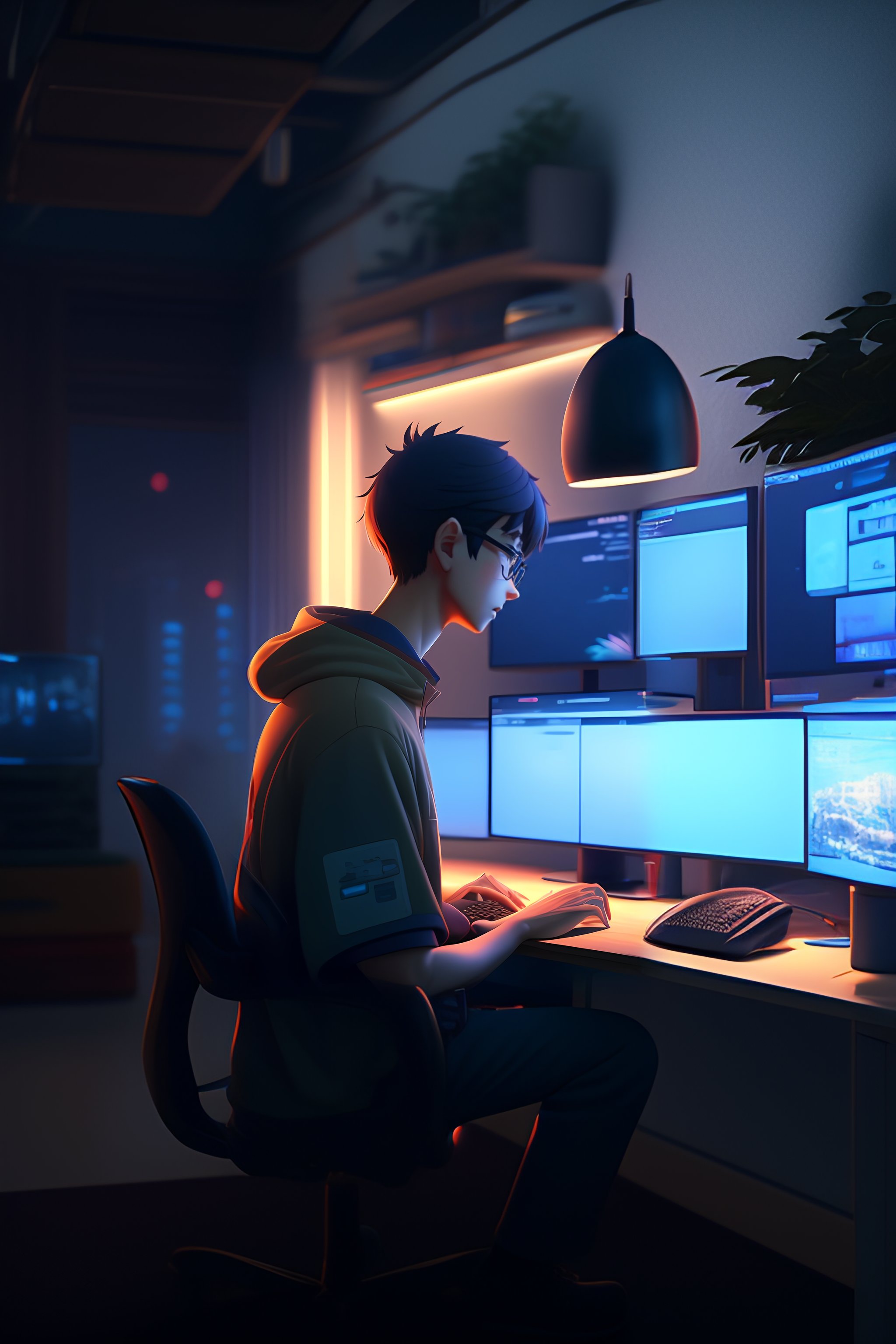 Lexica - A nerdy boy is programming at a computer in a room full of ...