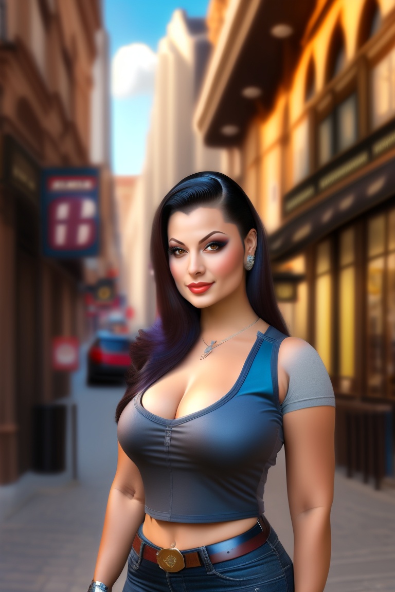 Lexica - Aria Giovanni, full figure, t-shirt and jeans, cyberpunk city