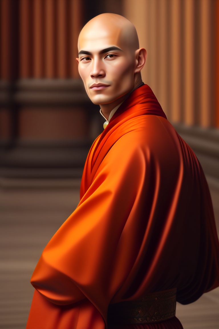 Lexica - A bald monk looking straight to camera, wearing orange dress