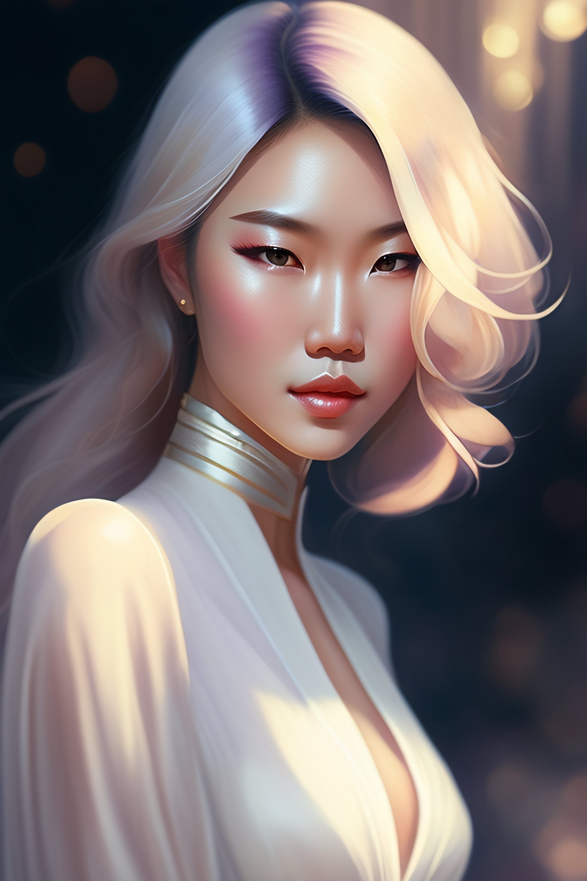 Lexica A Asian Woman White Skin Purple Eyes Blonde Hair Wavy Hair