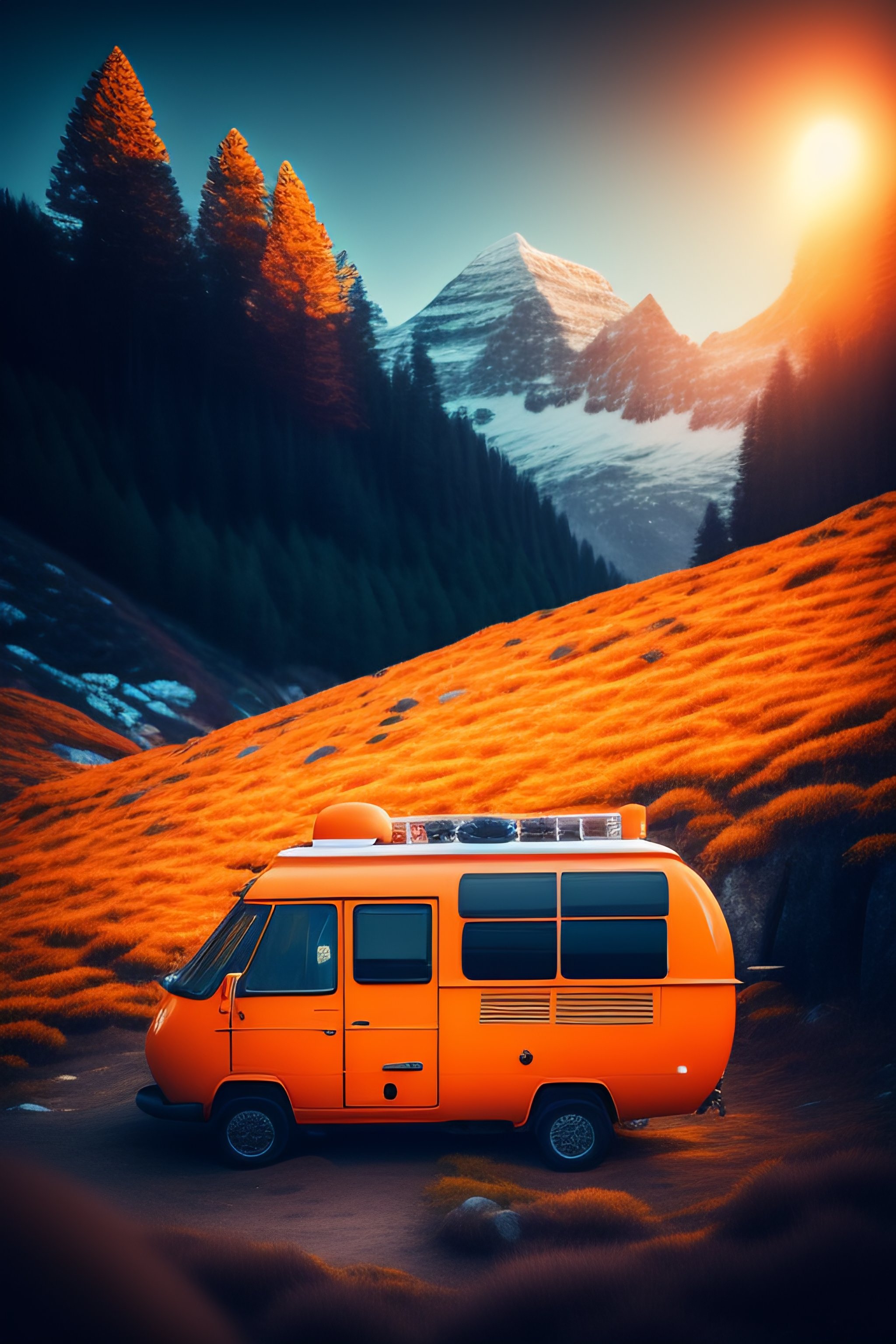 Lexica - Orange campervan on snowy mountains, green forest background ...