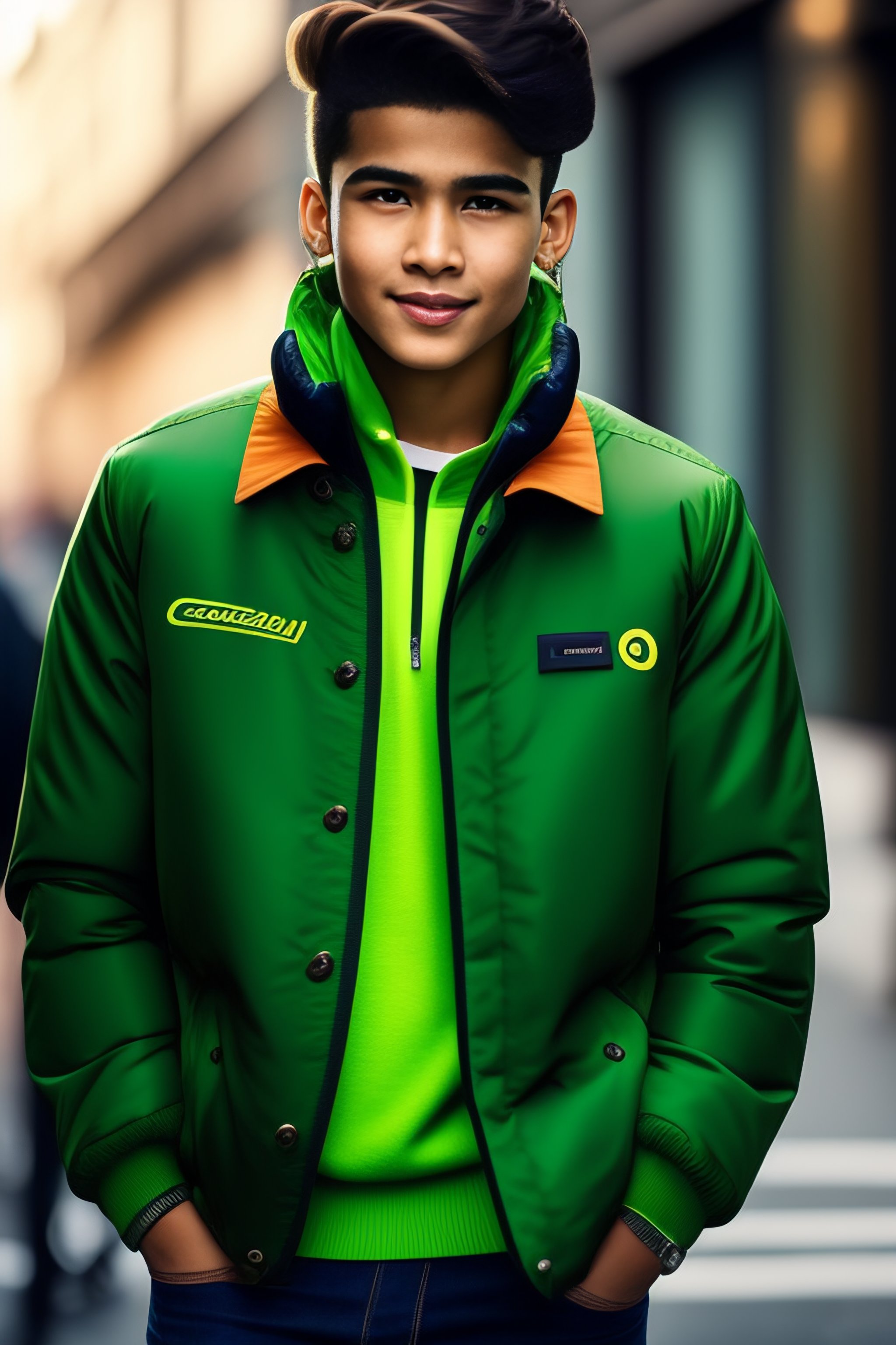 Lexica - An adrenaline-faced short brown haired boy wearing a green ...