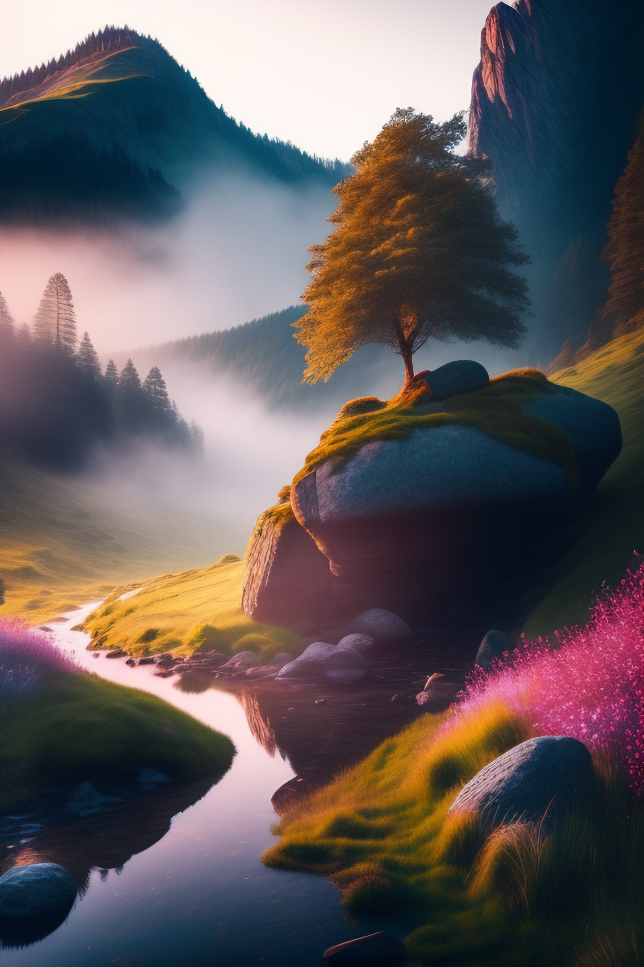 Lexica - A beautiful magical tree growing on top of a boulder beside a ...