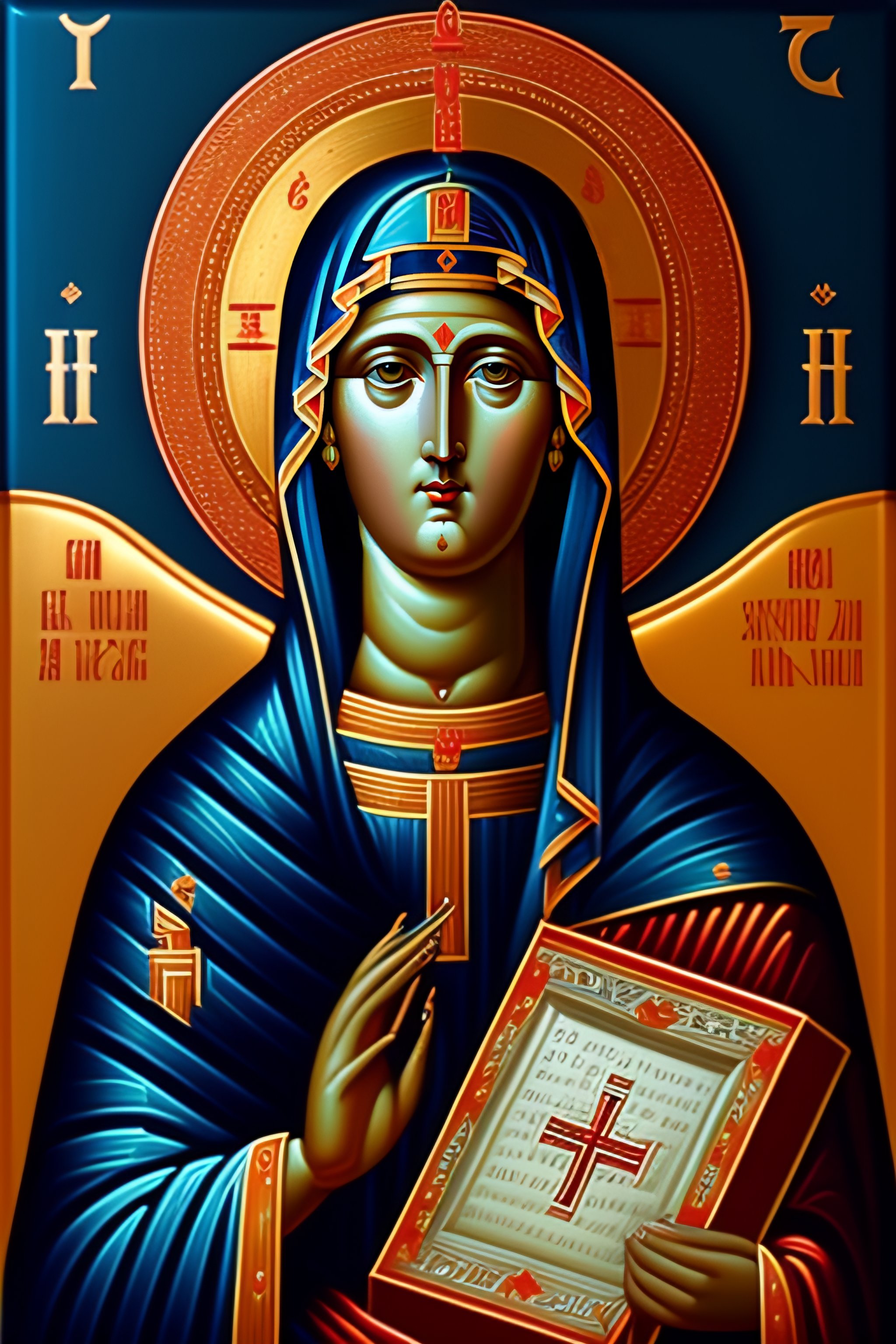 Lexica - Byzantine icon of saint mary, hyperrealistic, futuristic, colorful