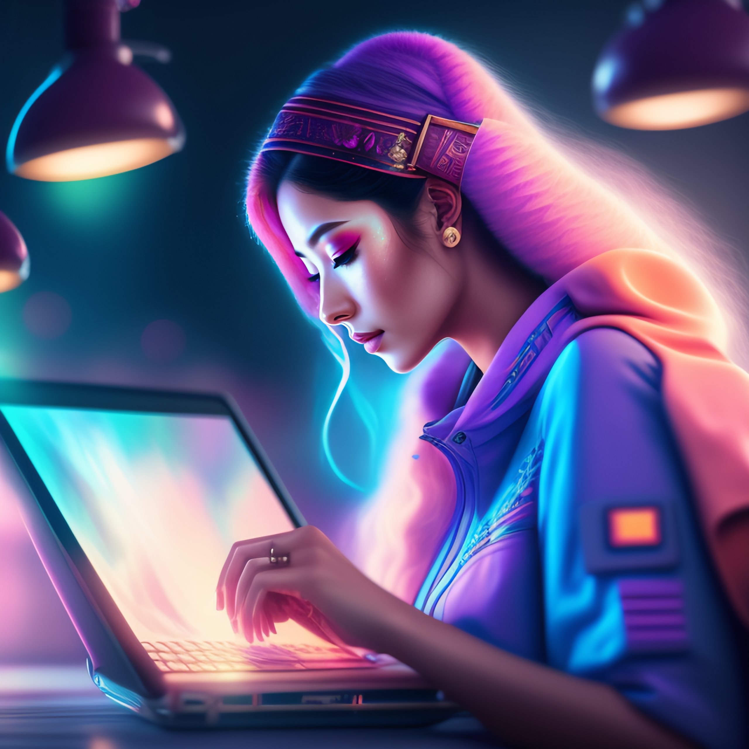 Lexica - Woman programming on her laptop, fantasy, future, pastel ...