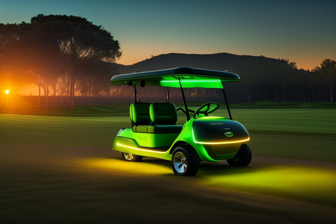 Lexica - A golf cart with green neon headlights, at dusk on a golf ...