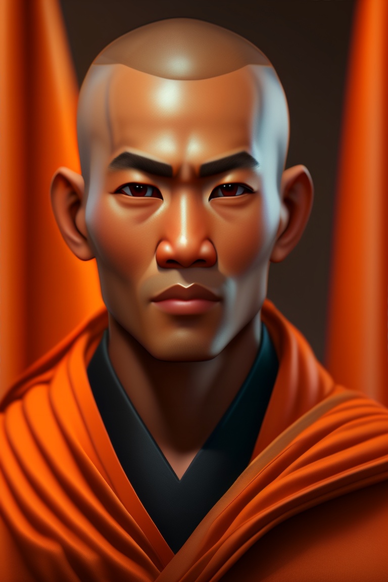 Lexica - Buddhist monk, black eye, stand, front face, orange clothes ...