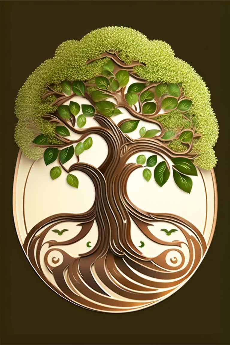 Lexica - Brown Tree of life with leaves in shades of green, linocut ...