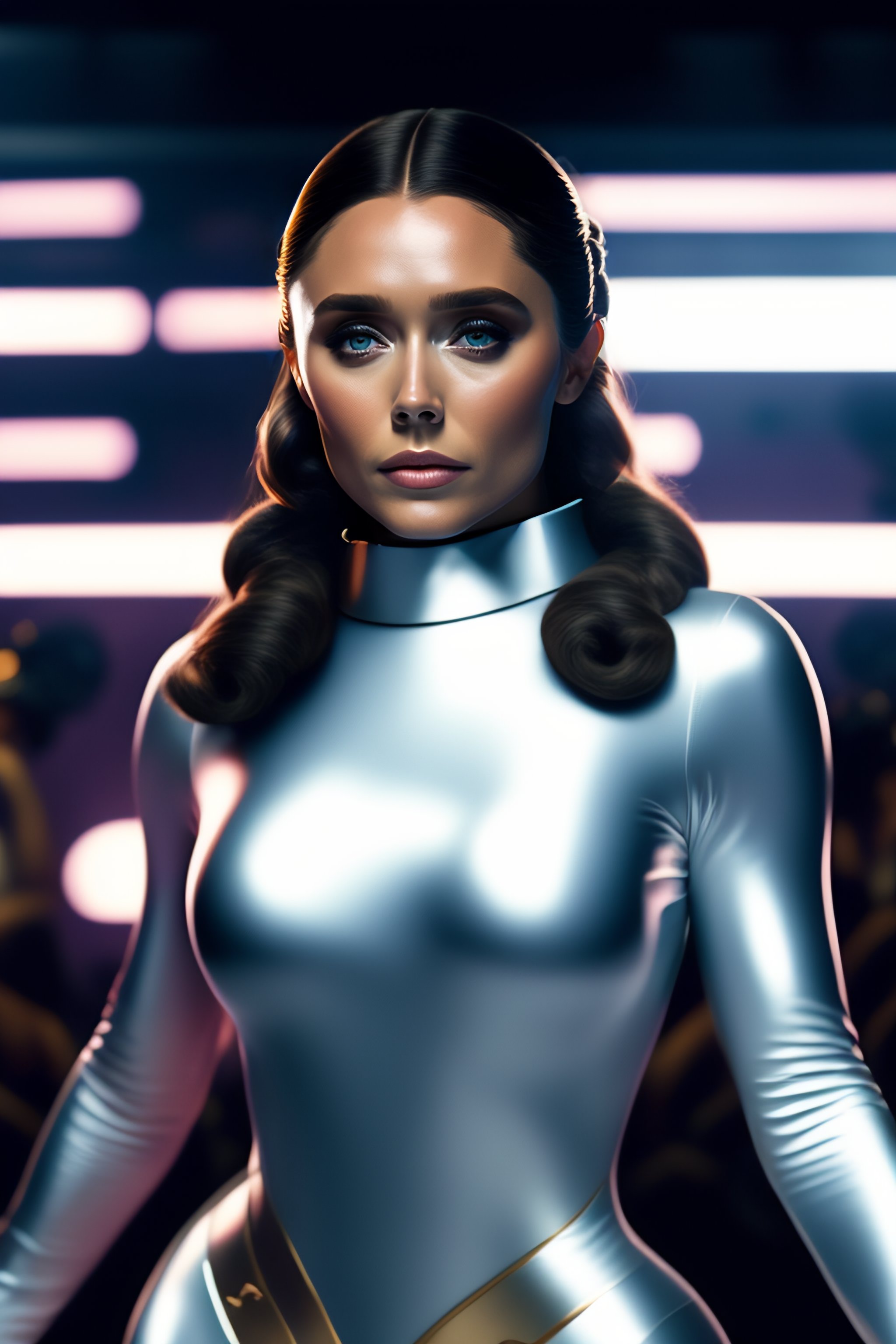 Lexica - Elizabeth Olsen as princess leia white gold catsuit in action ...