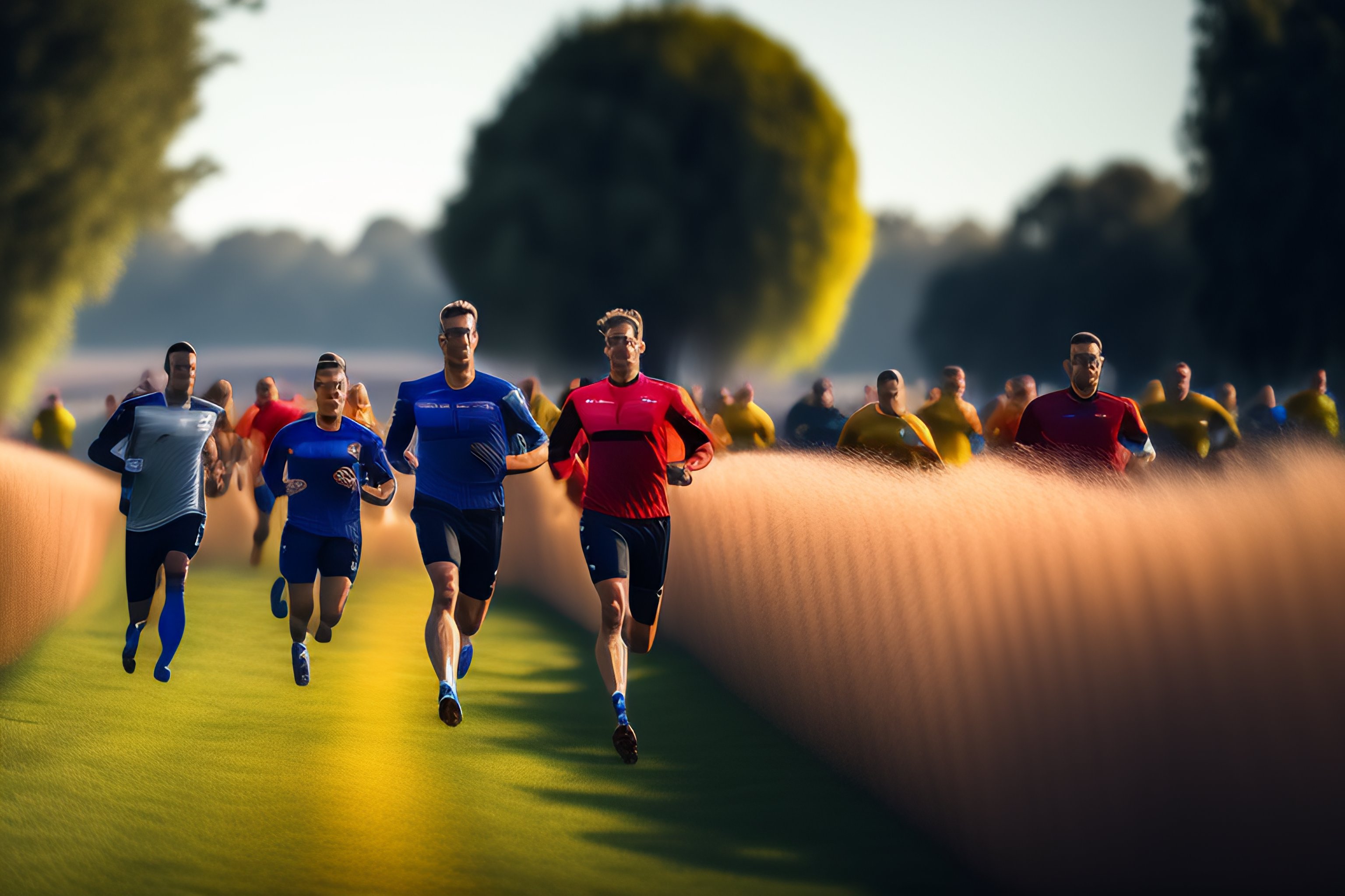 Lexica - A lot of men and women chasing, front view, grass ground, sun ...