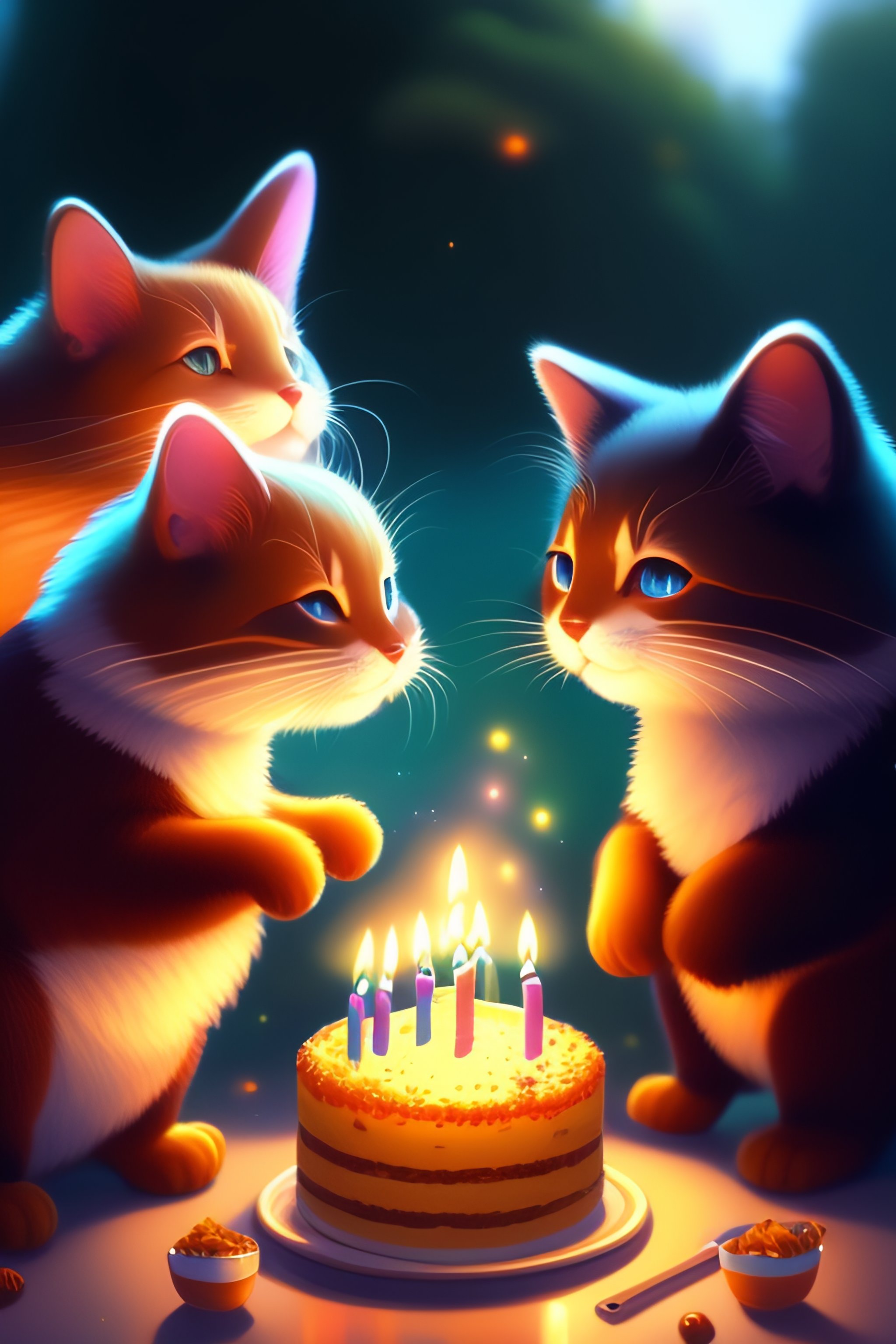 Lexica - Cute animals eating huge birthday cake with candles, particles ...