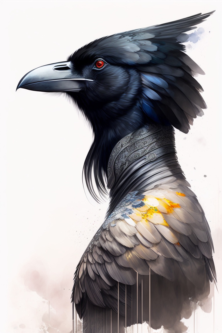 Lexica - Ink drawing of a raven, side profile, moden ao Dai, full body ...