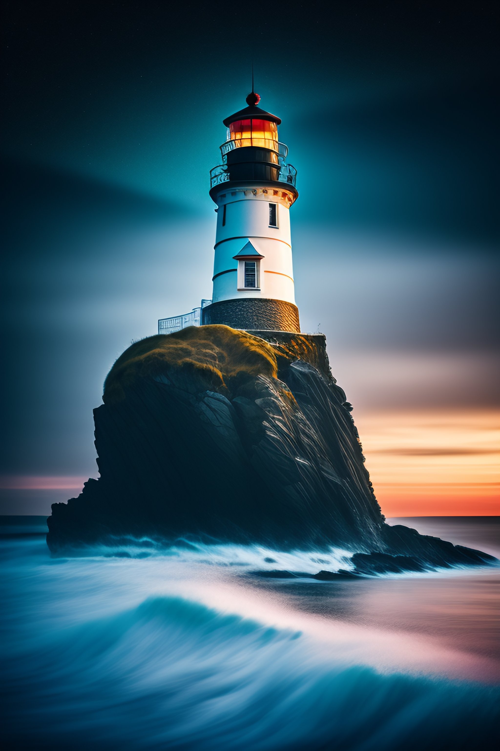 Lexica - Analog photo of realistic lighthouse on island, winter, night ...