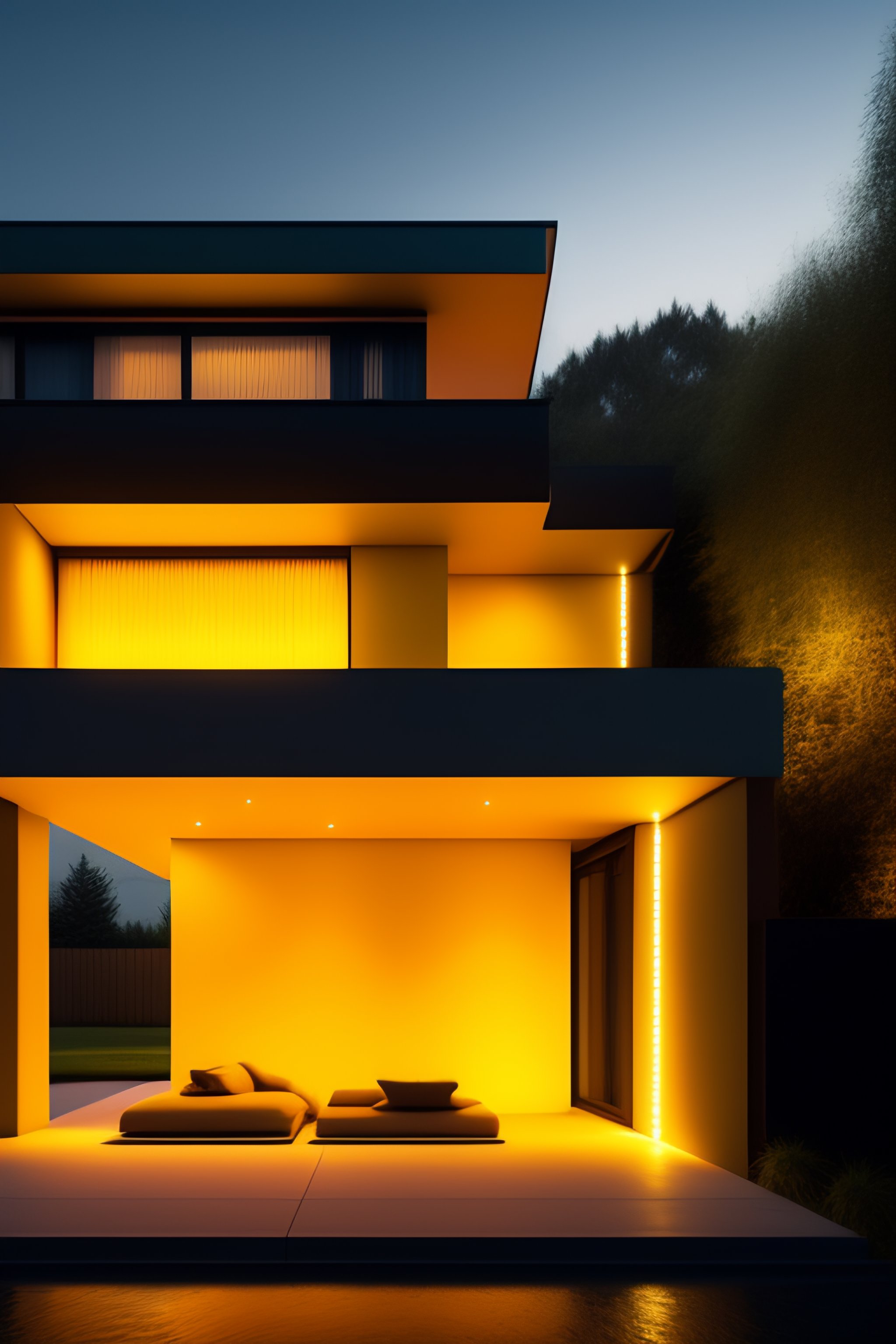 Lexica - A luxury house surrounded by LED lights, yellow seats