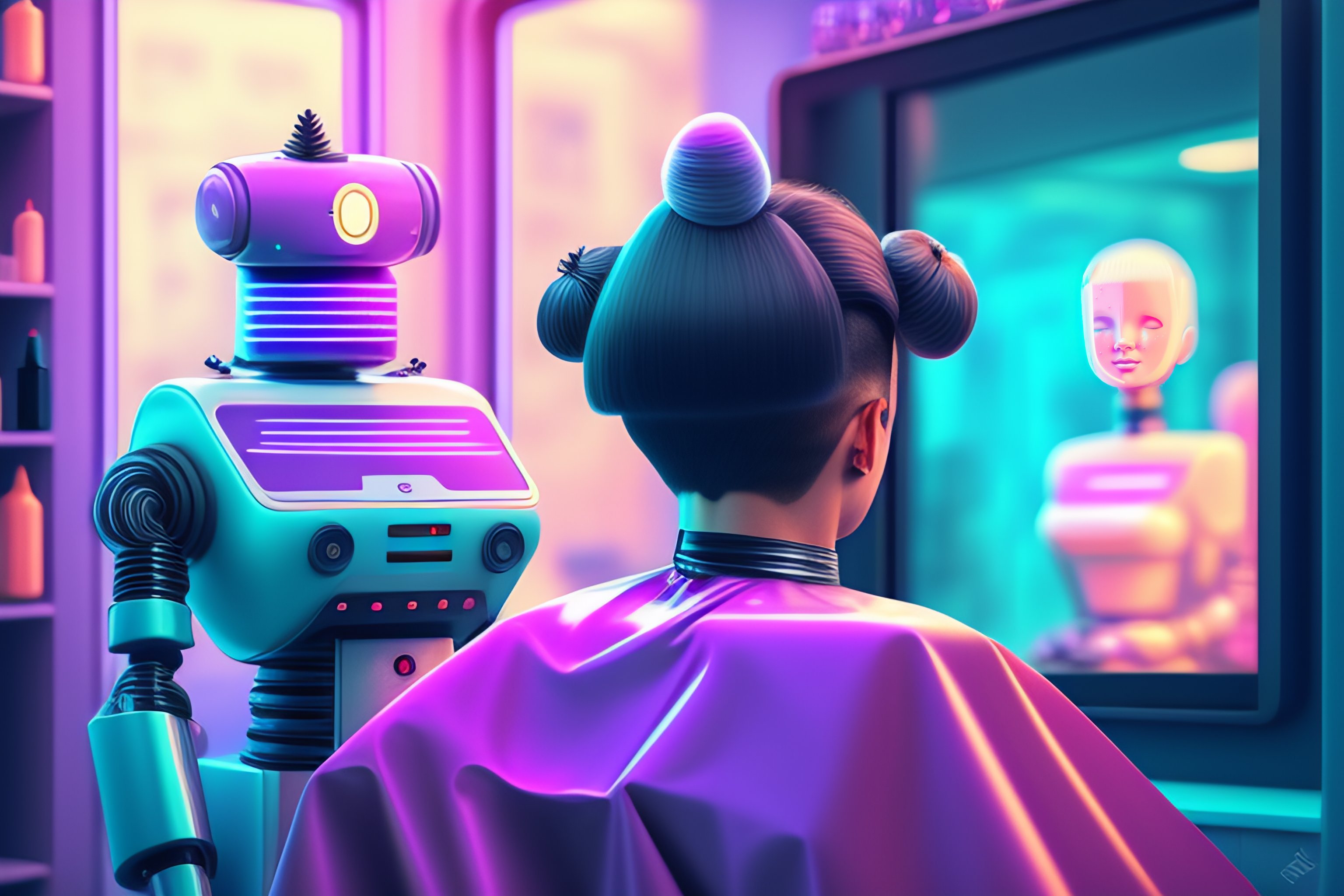Lexica - Robot hairdresser, doing a haircut to a woman, in a barbershop ...