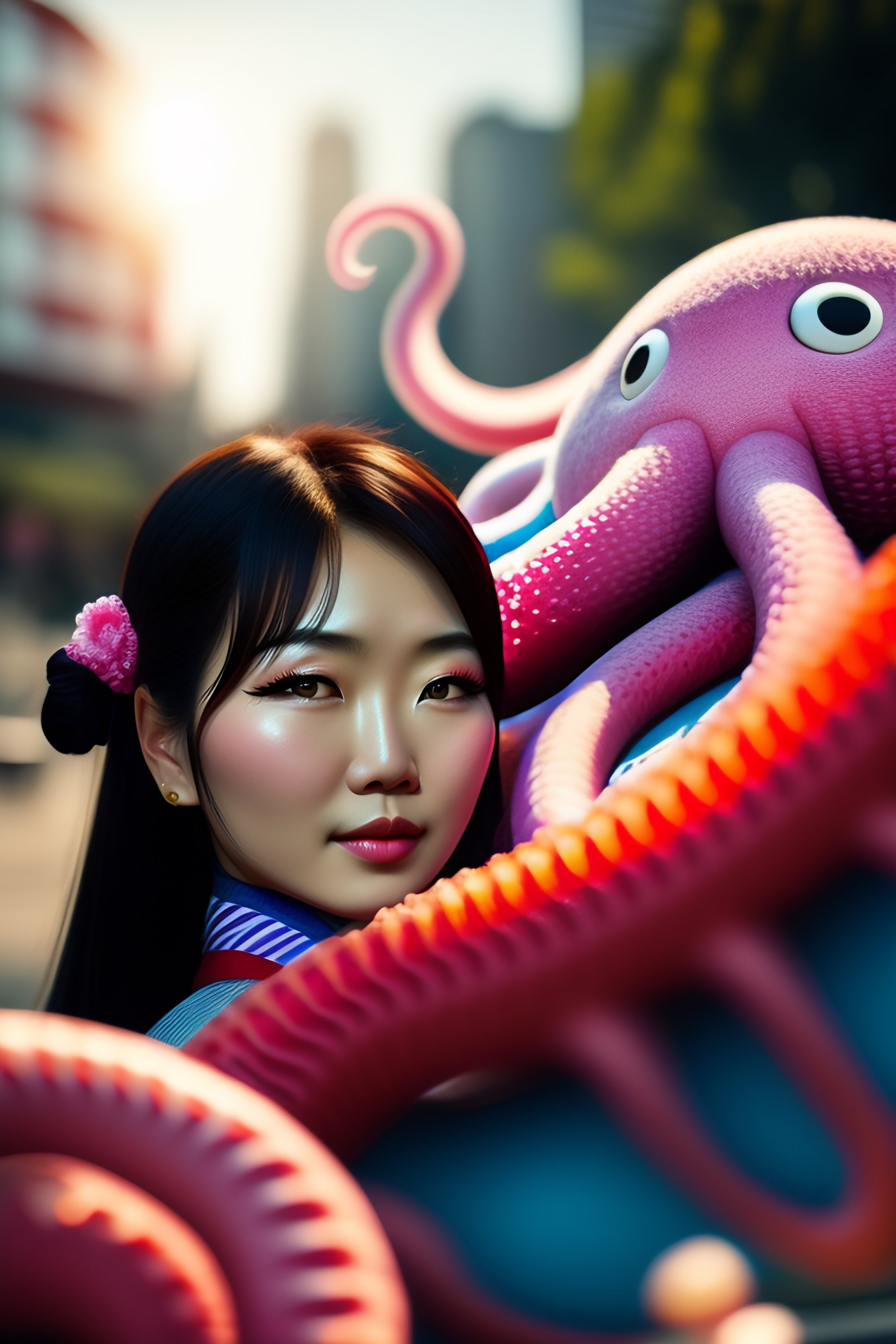 Lexica - Japanese schoolgirl fighting giant octopus