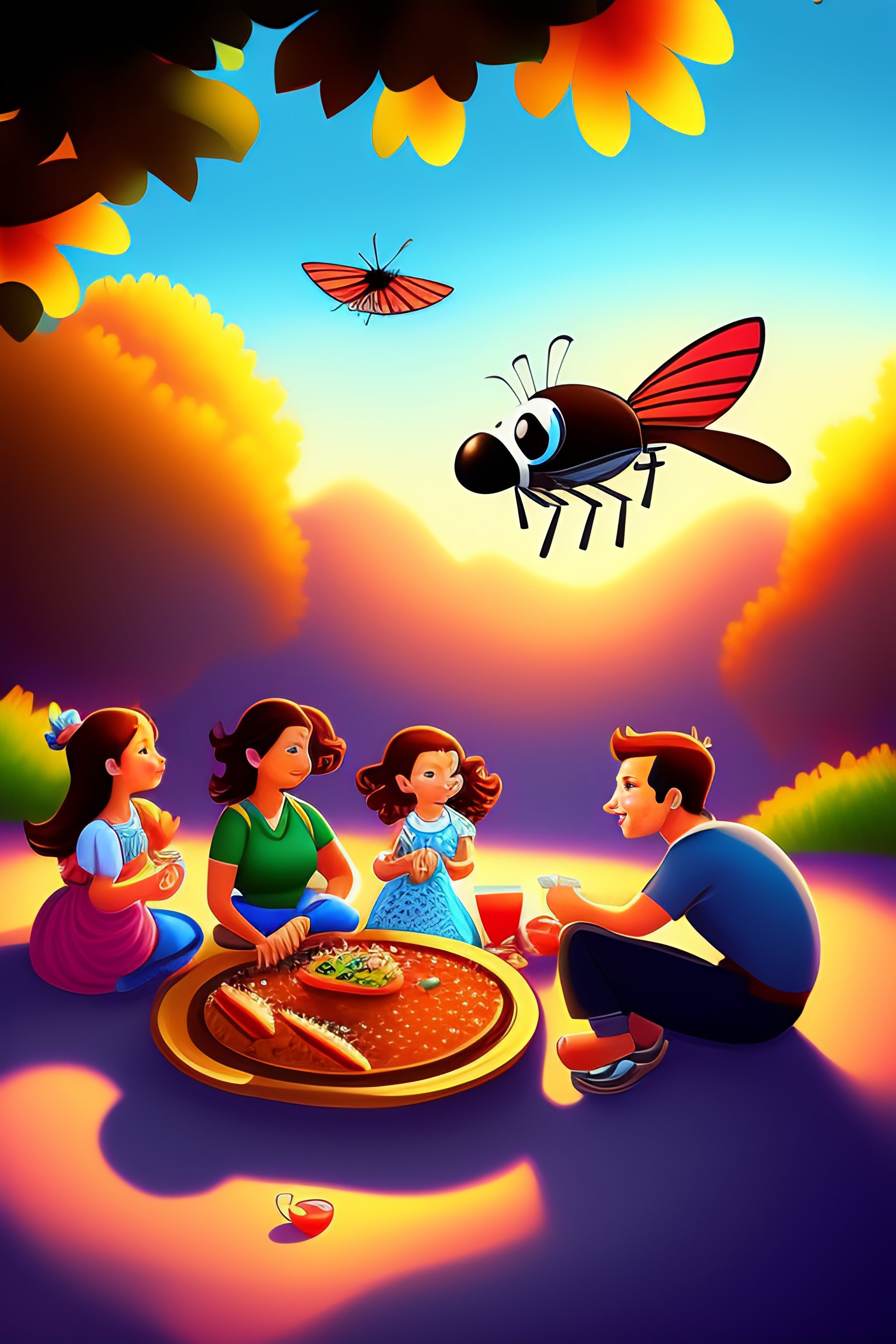 Lexica - Cartoon. fly at a picnic with a family eating