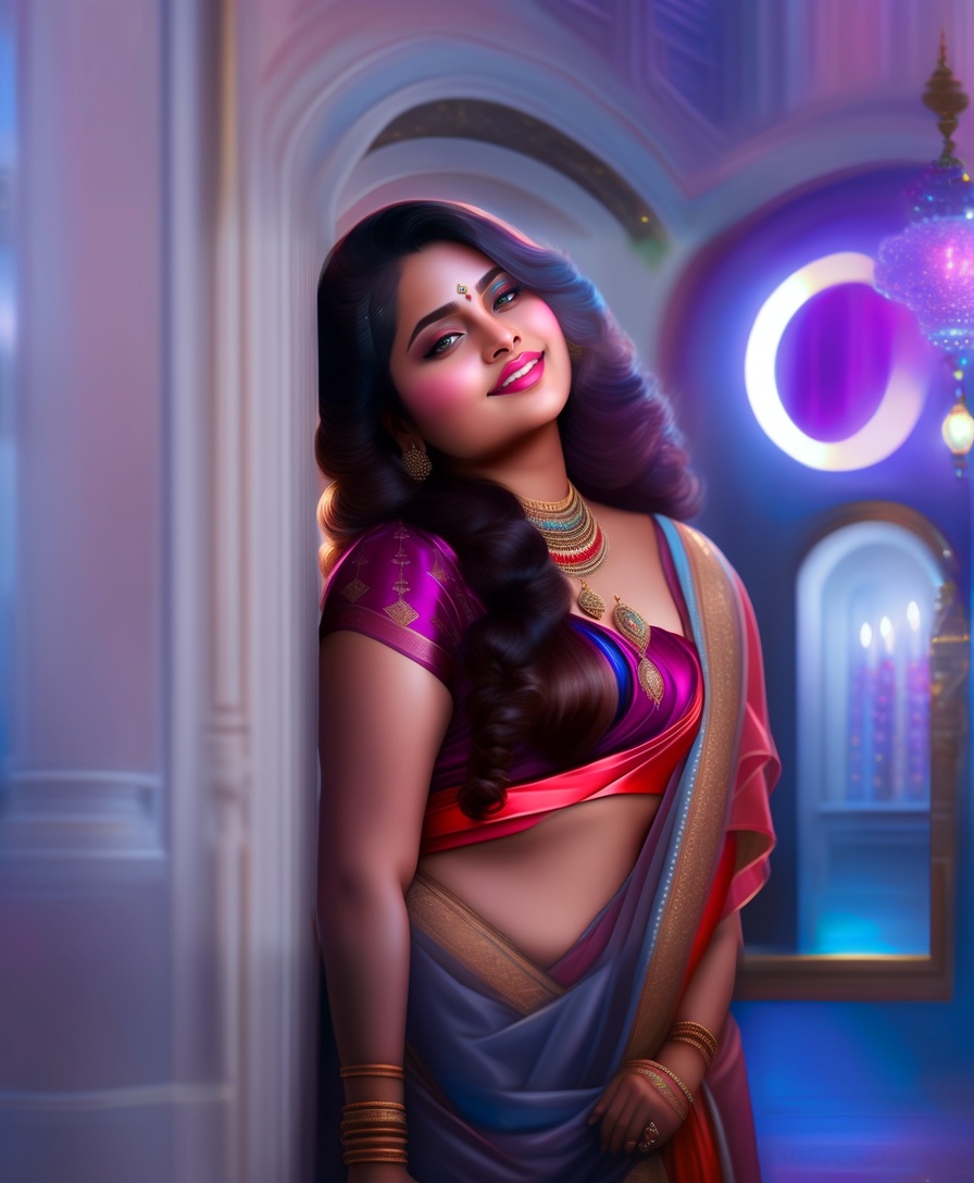 Lexica - Indian, beauty, soft skin, chubby, saree, blue, pink, ruby necklace, nose ring, ear ...