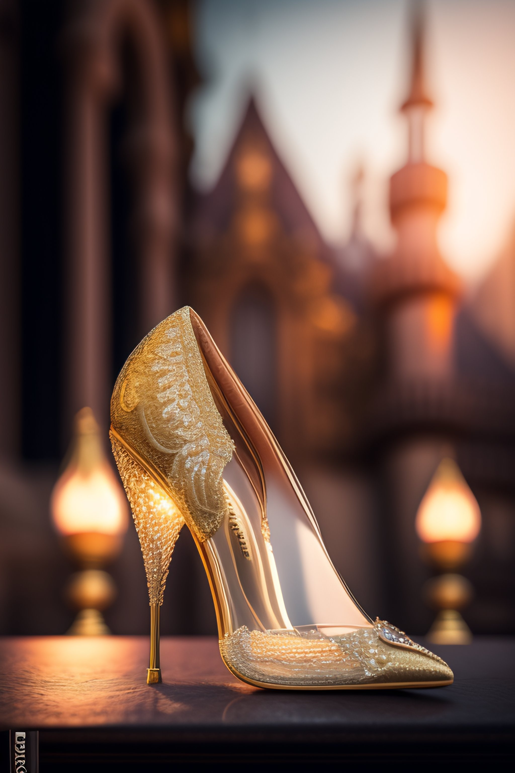 Lexica - Shiny clear intricate high heel shoe in front of a castle, 8k ...