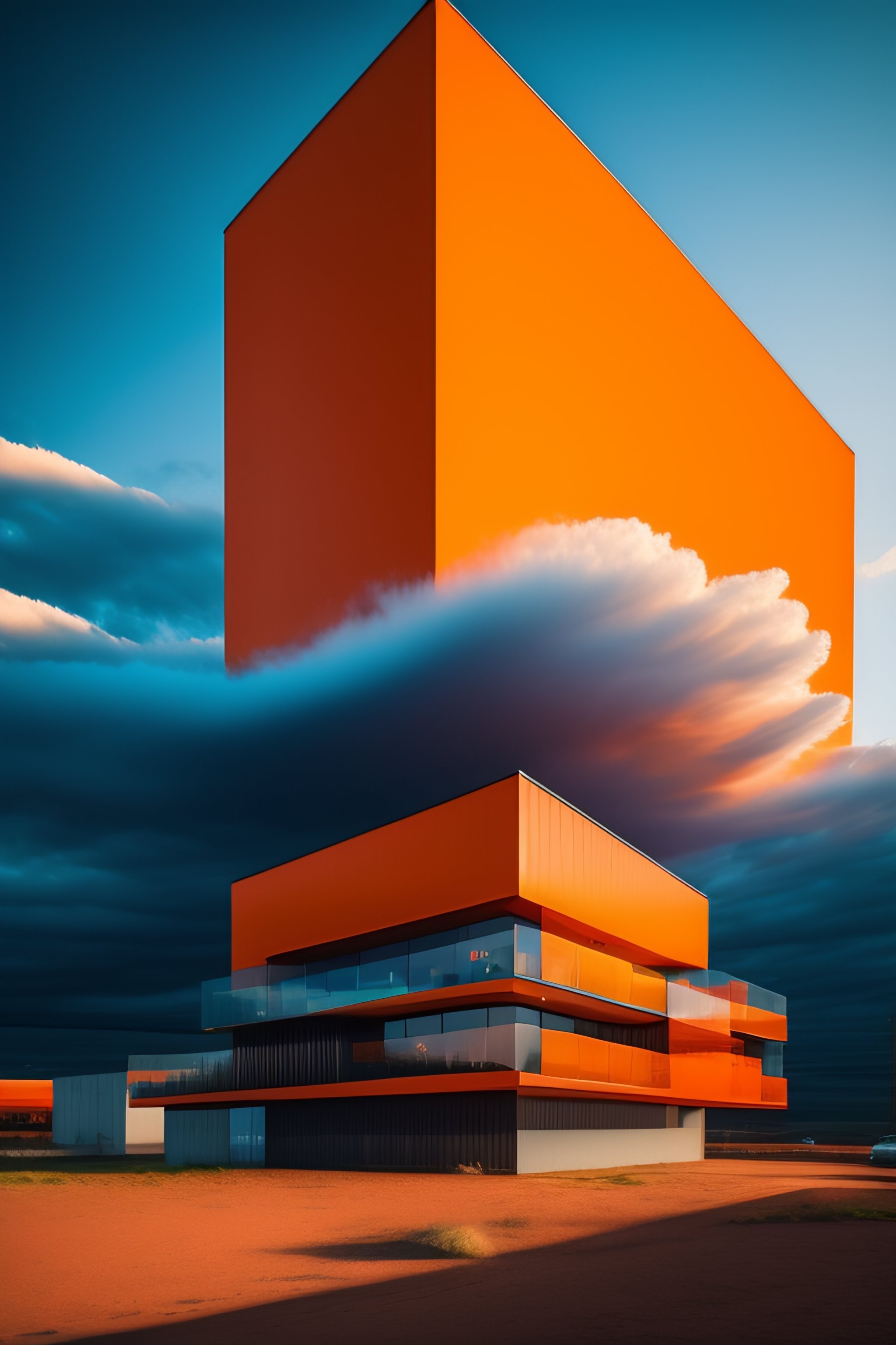 Lexica - Orange architecture with blue clouds