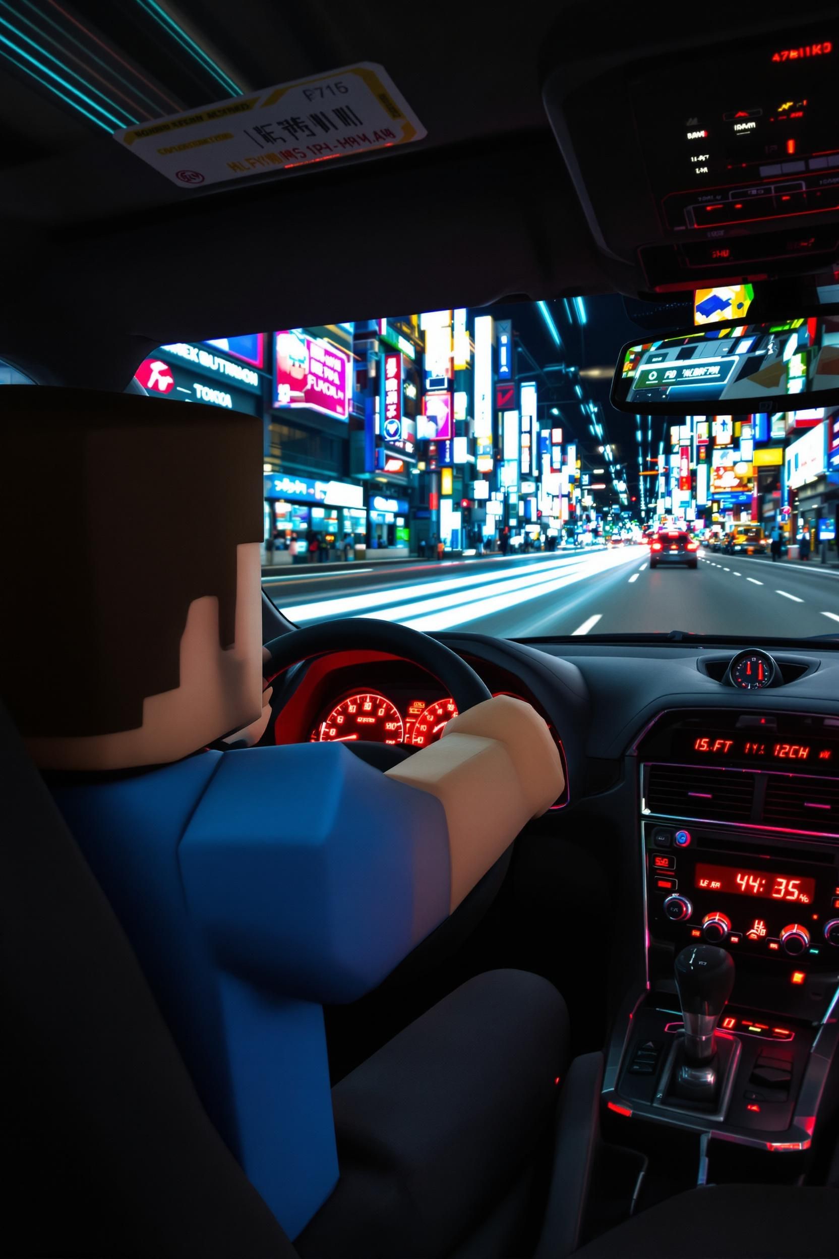 Lexica - Minecraft Steve speeding through Tokyo at night, lights ...