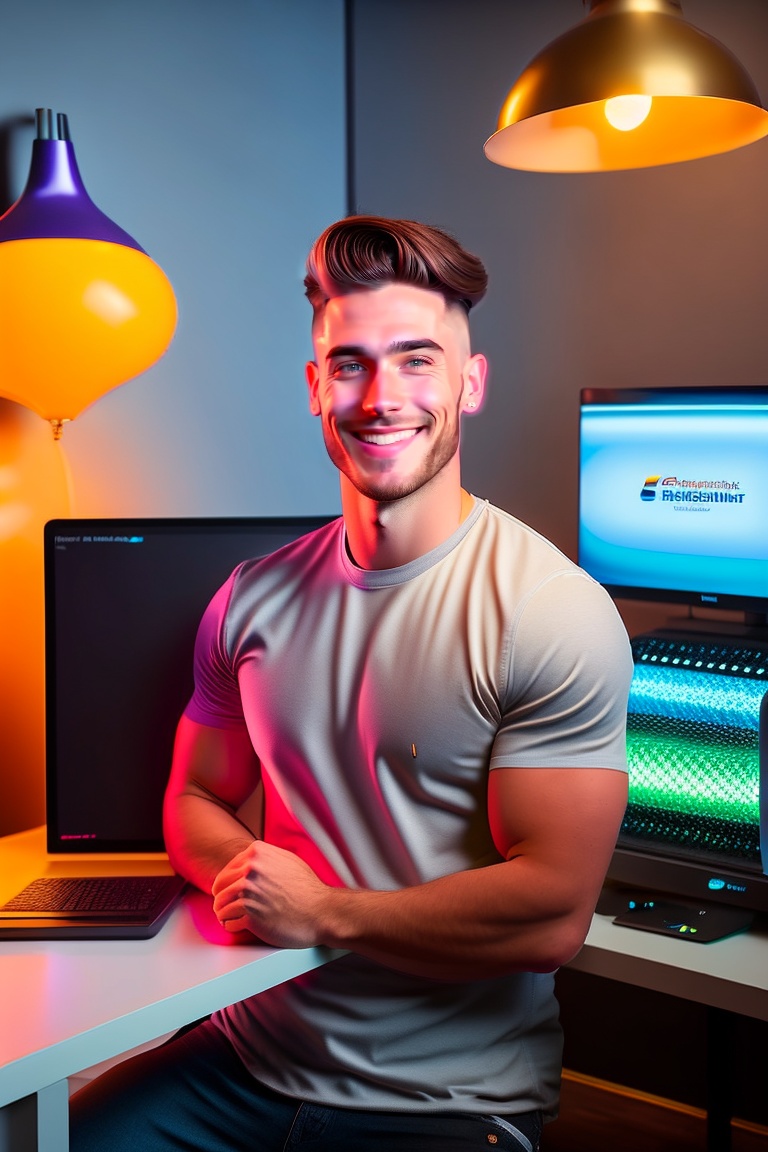 Lexica - A portrait of a tech YouTuber, setting on his studio in a ...