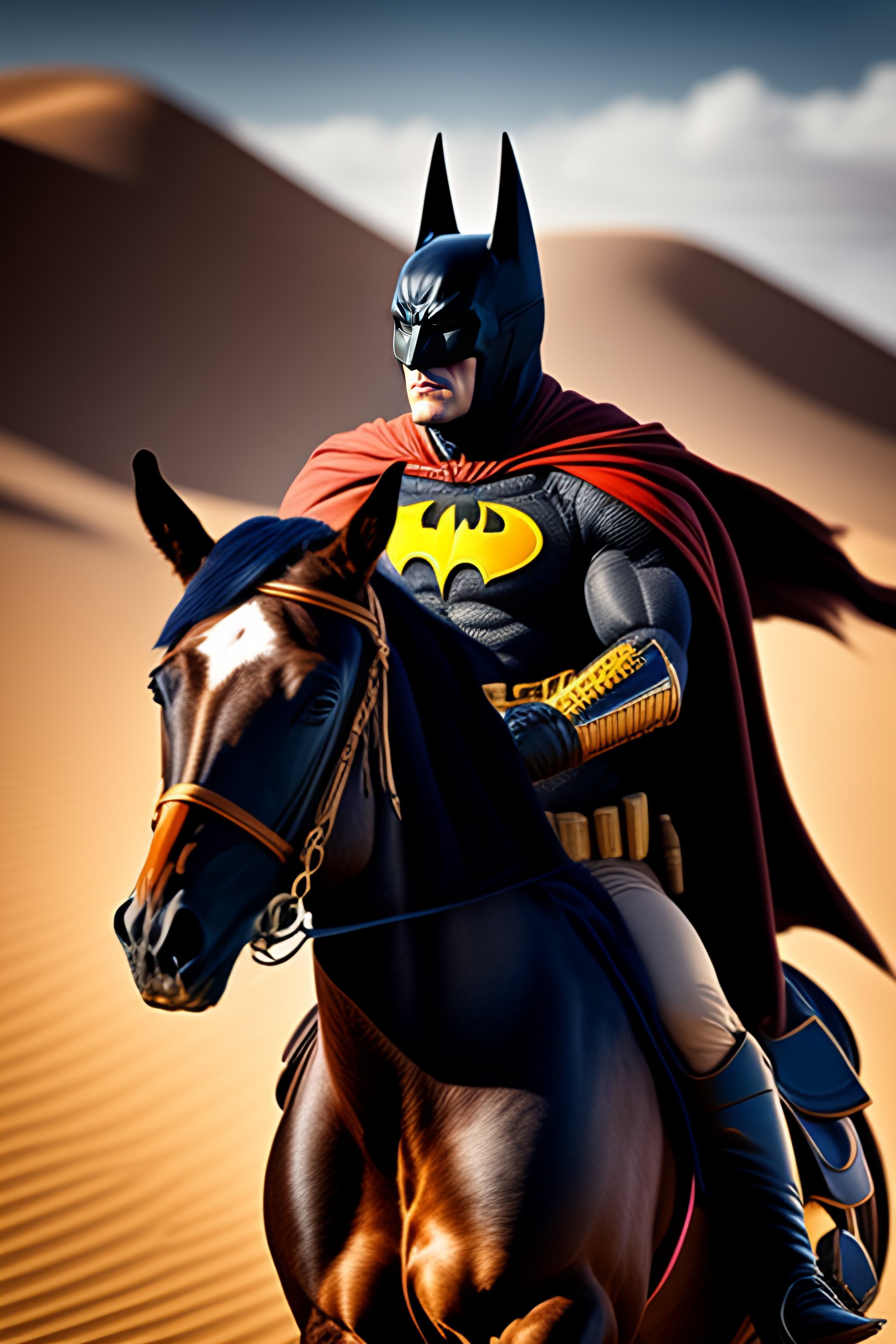 Lexica - Batman riding a horse in the desert