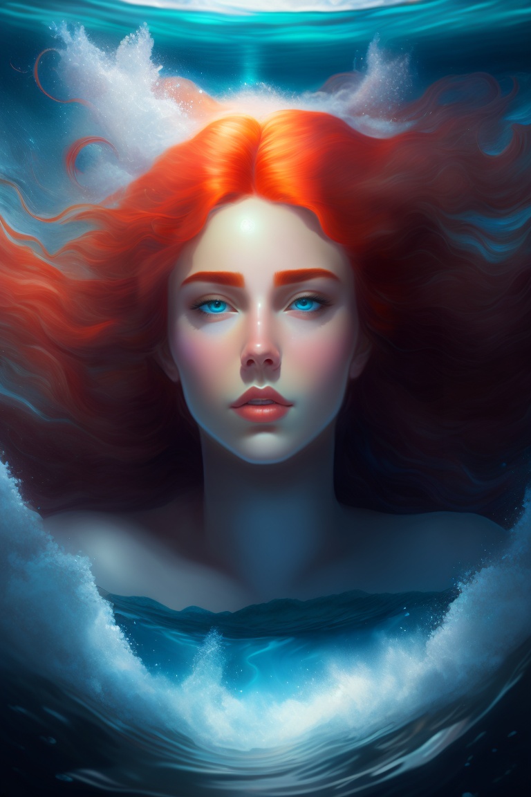 Lexica - Female god of water, red hair, sitting down in the ocean ...