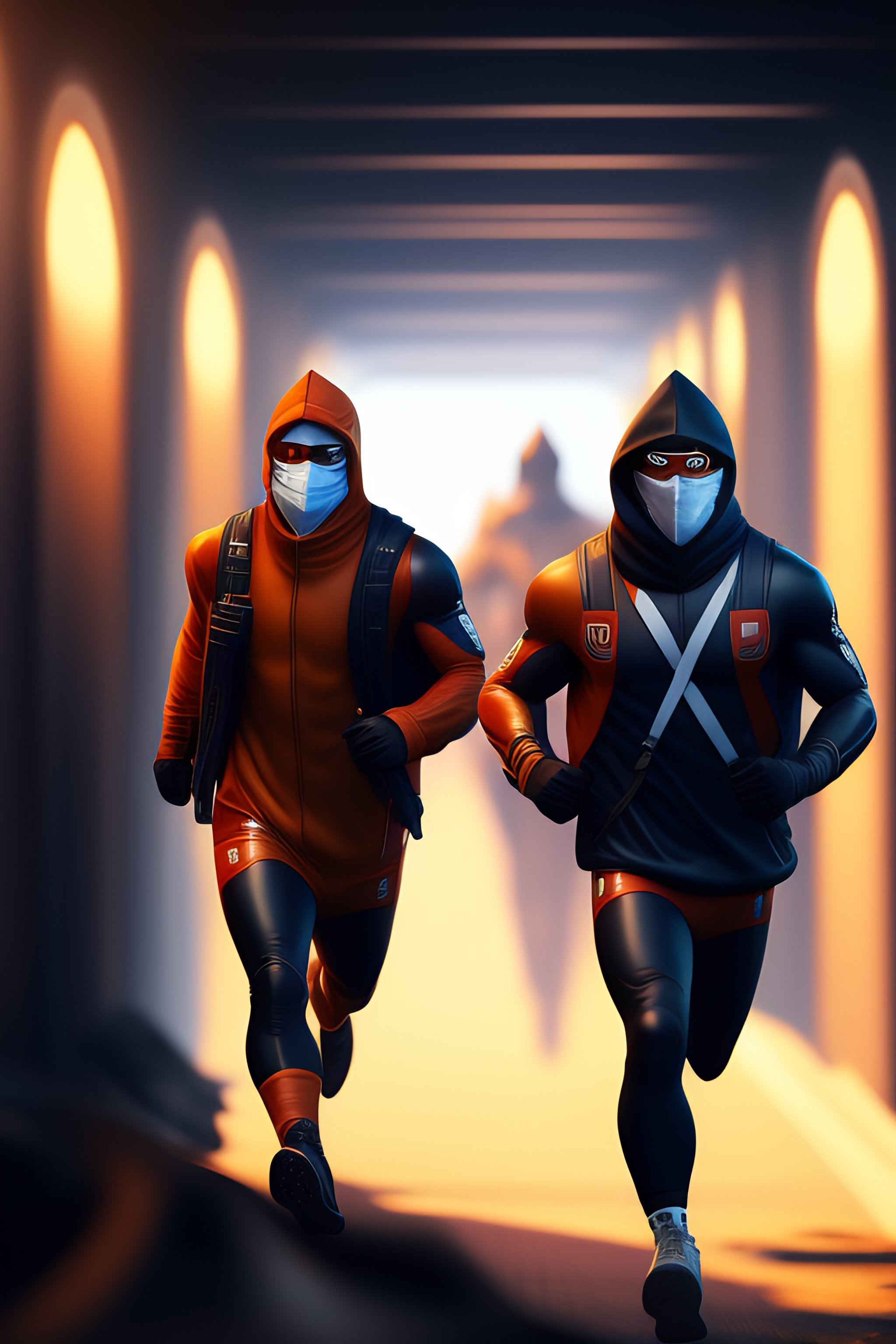 Lexica - An oil painting 4 masked men waering balaclavas, running in a ...