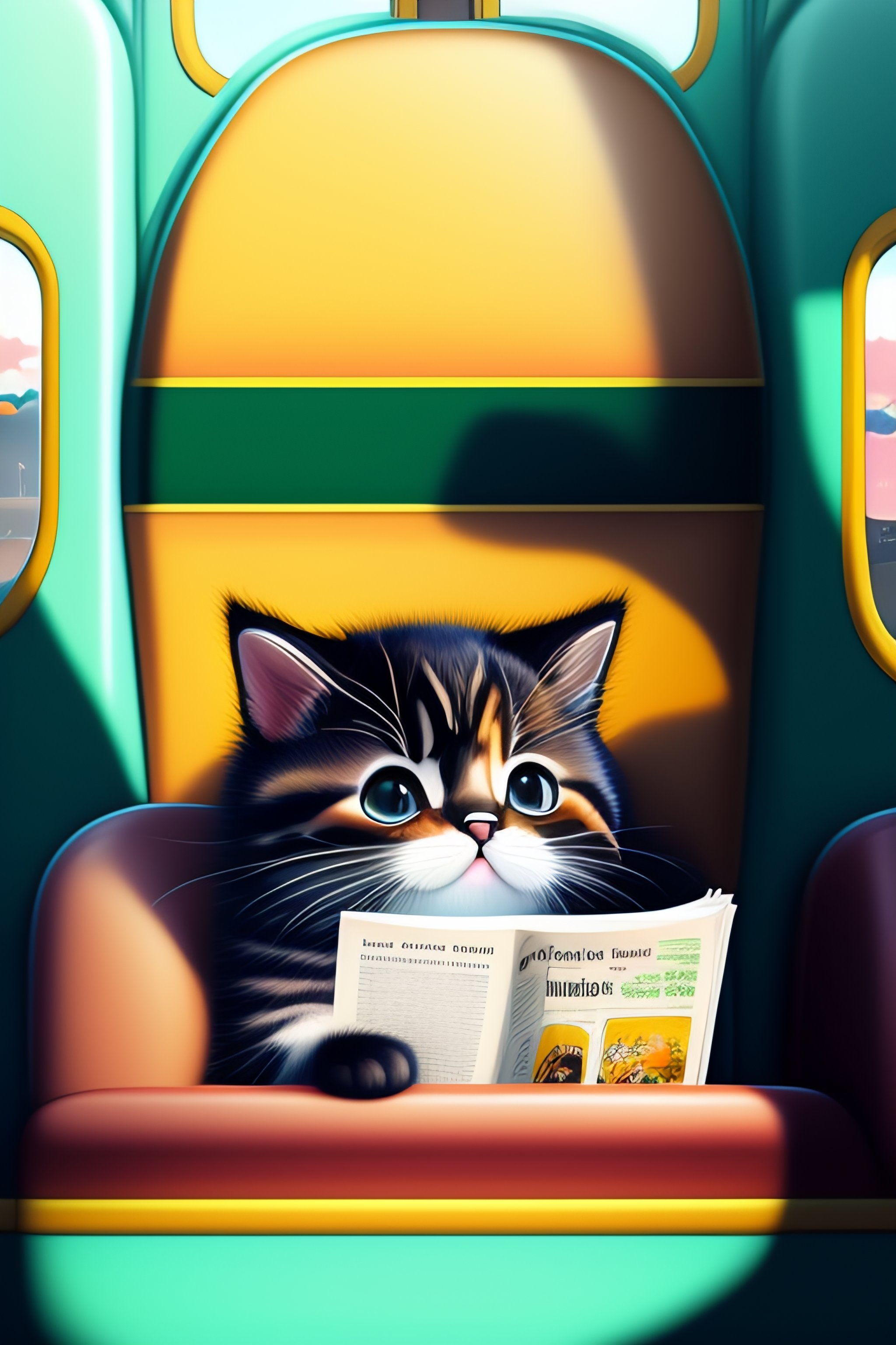 Lexica - Cute kitten beside totoro. reading newspaper in the bus, with ...