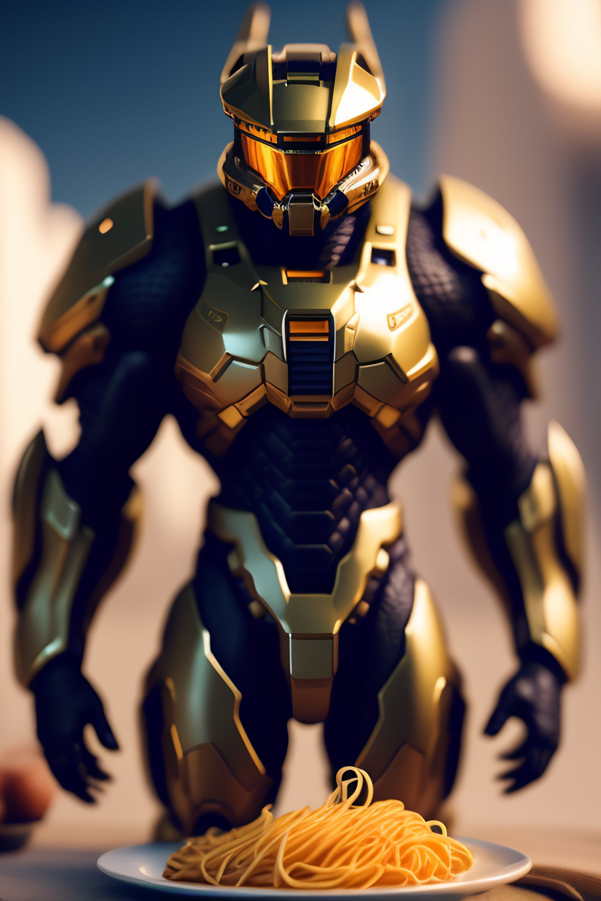 Lexica - Master Chief (halo), eating pasta, male, strong, by wlop, ilya ...