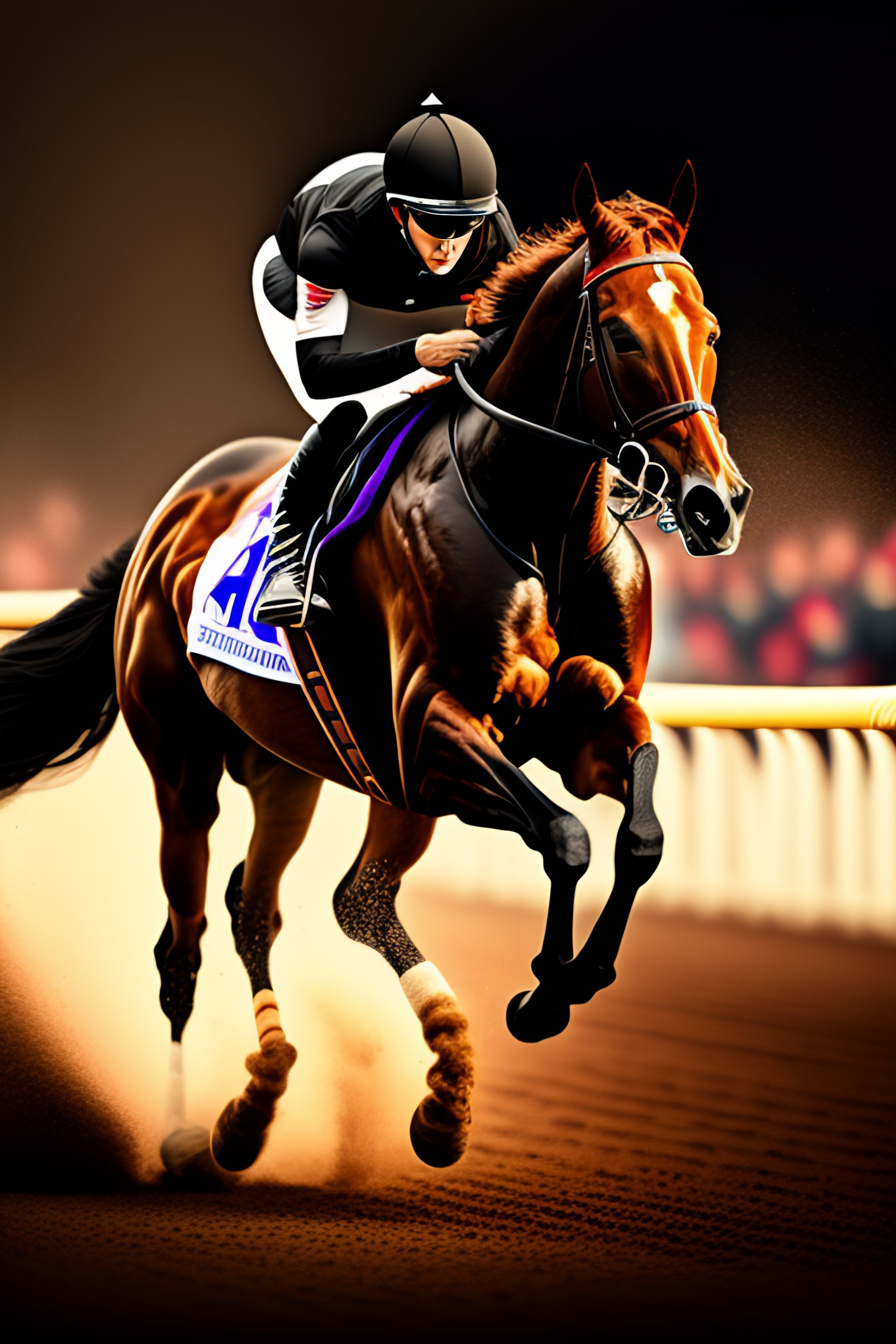 Lexica - Thoroughbed race horse running on a racetrack with a jockey ...