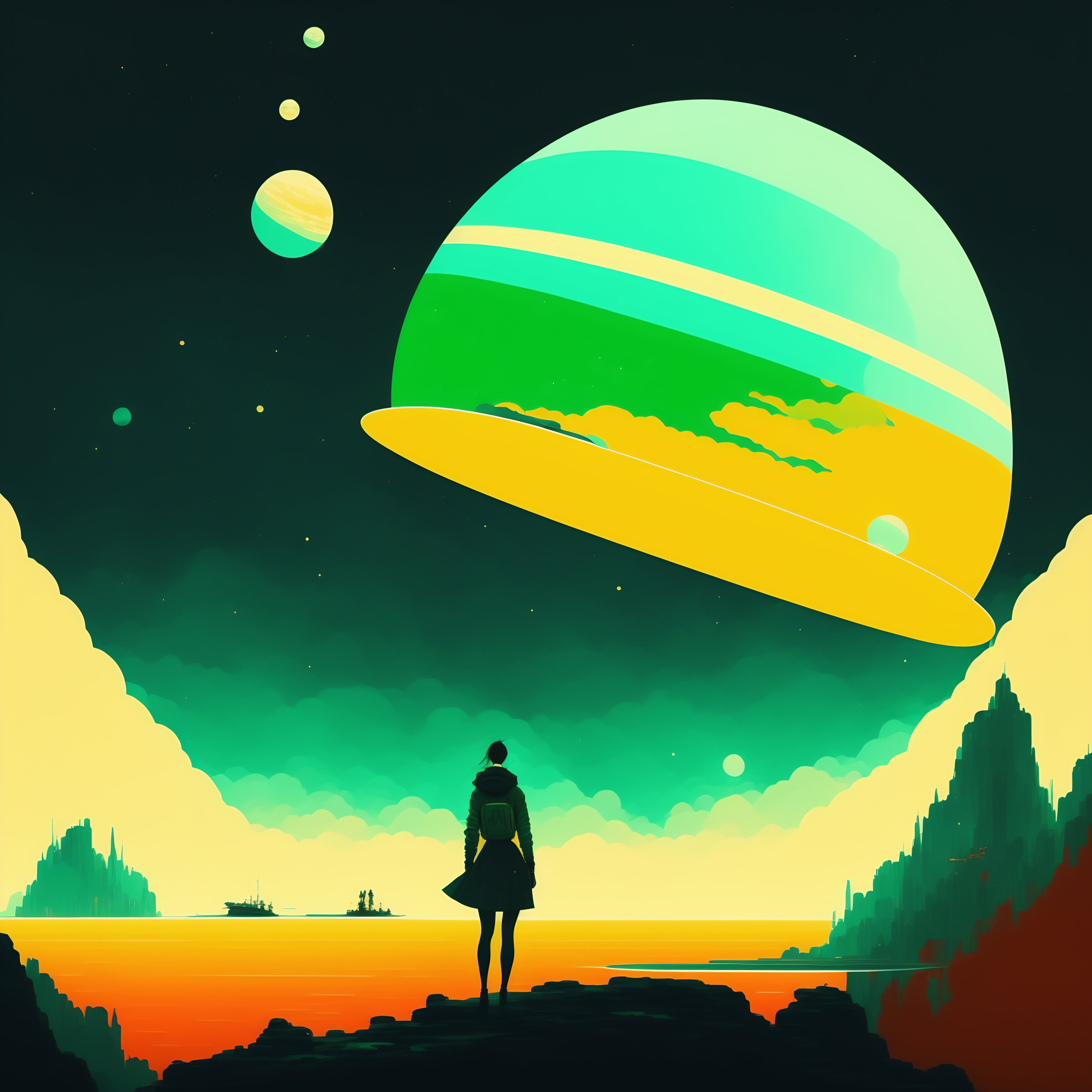 Lexica - Woman floating with planets circling around her, style of ...