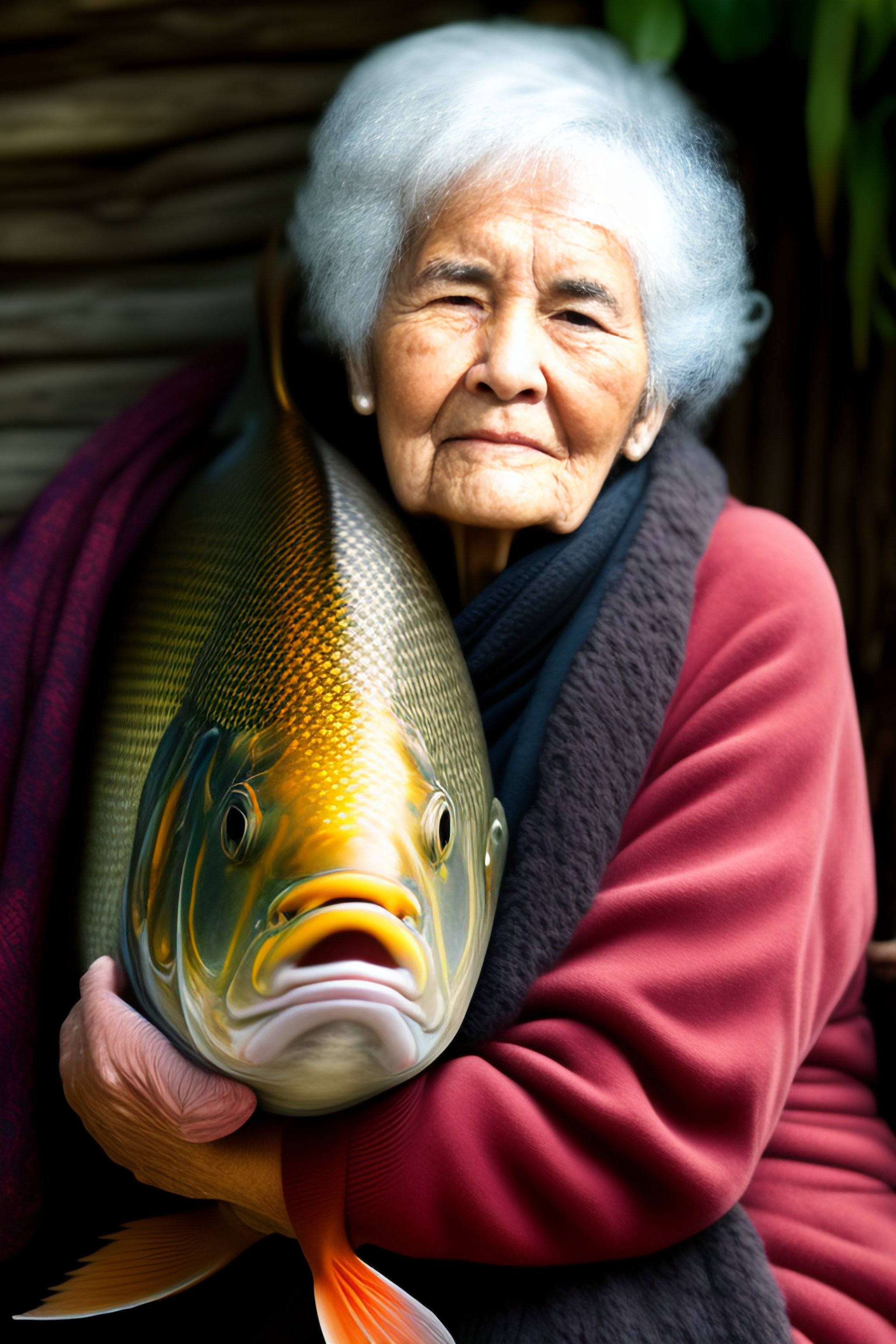 Lexica - Old grandmother hugging own old fish —q 2 —v 4