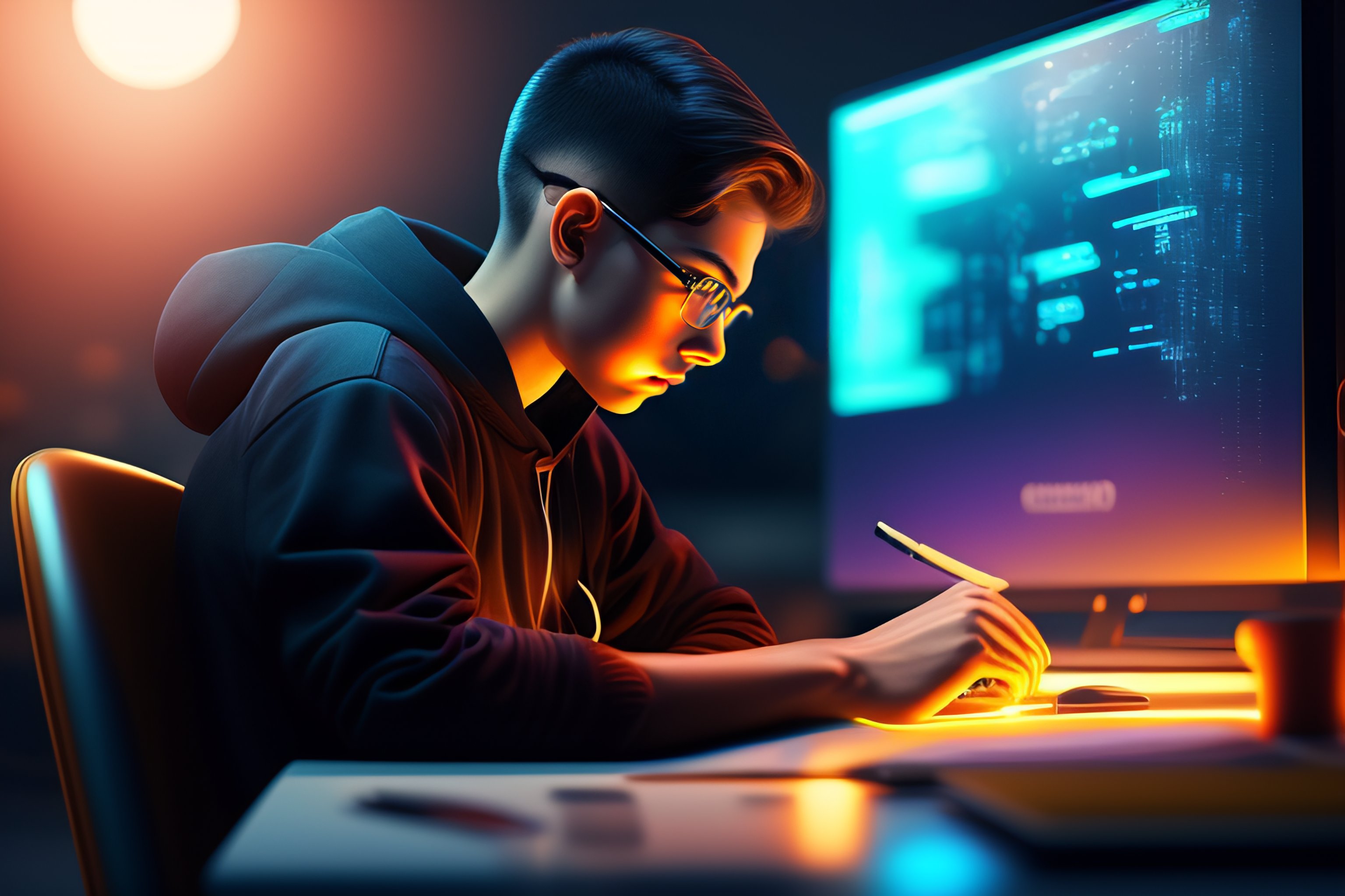 Lexica - A young professional hacker studiously working on his computer ...