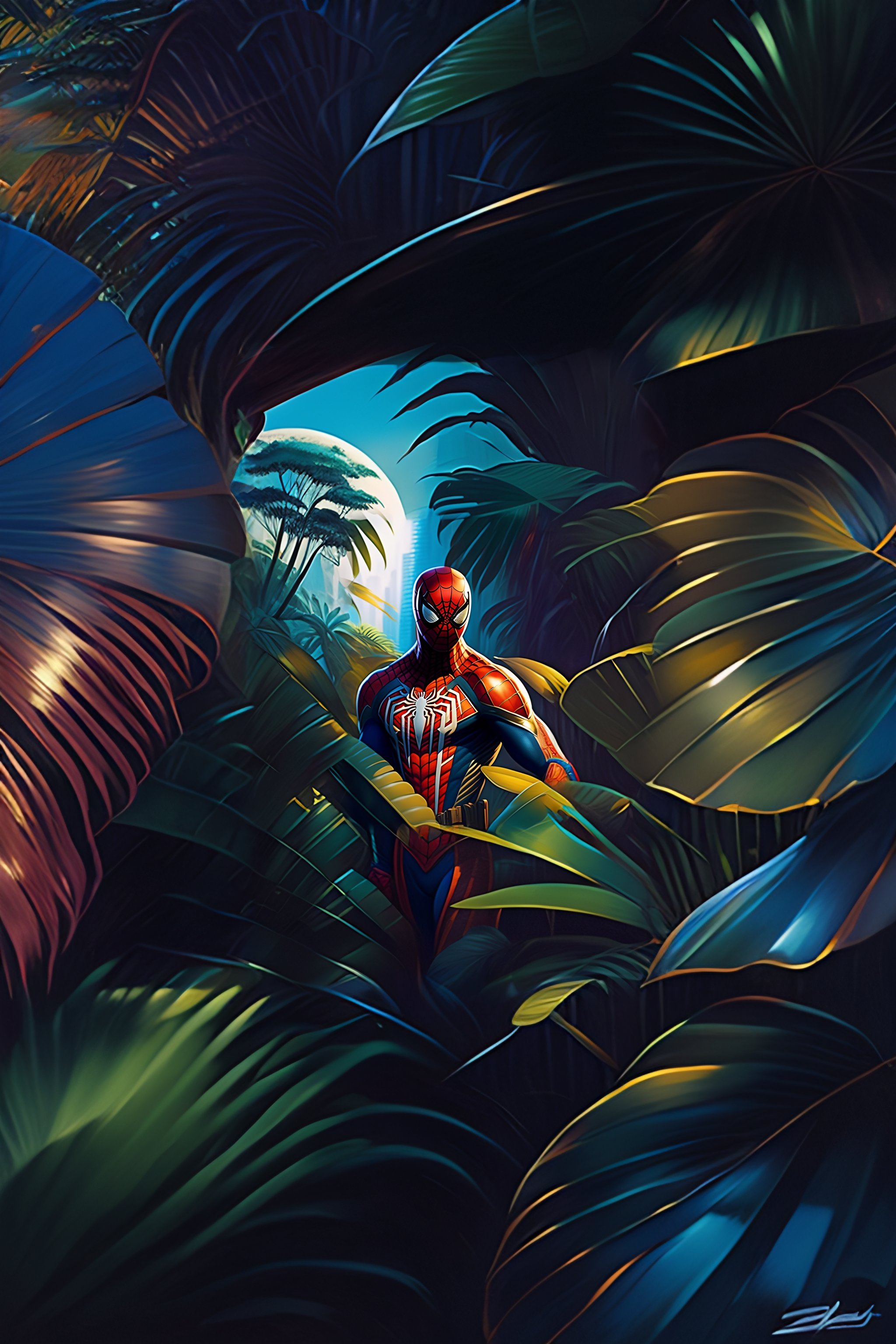 Lexica - "Spider-Man in a Jungle" by Syd Mead, cold color palette ...