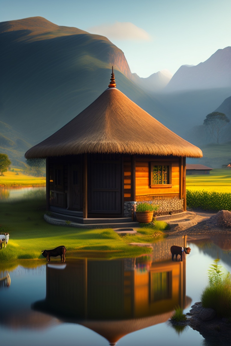 Lexica - Small hut in the village, cow, hen, snake, pond, got