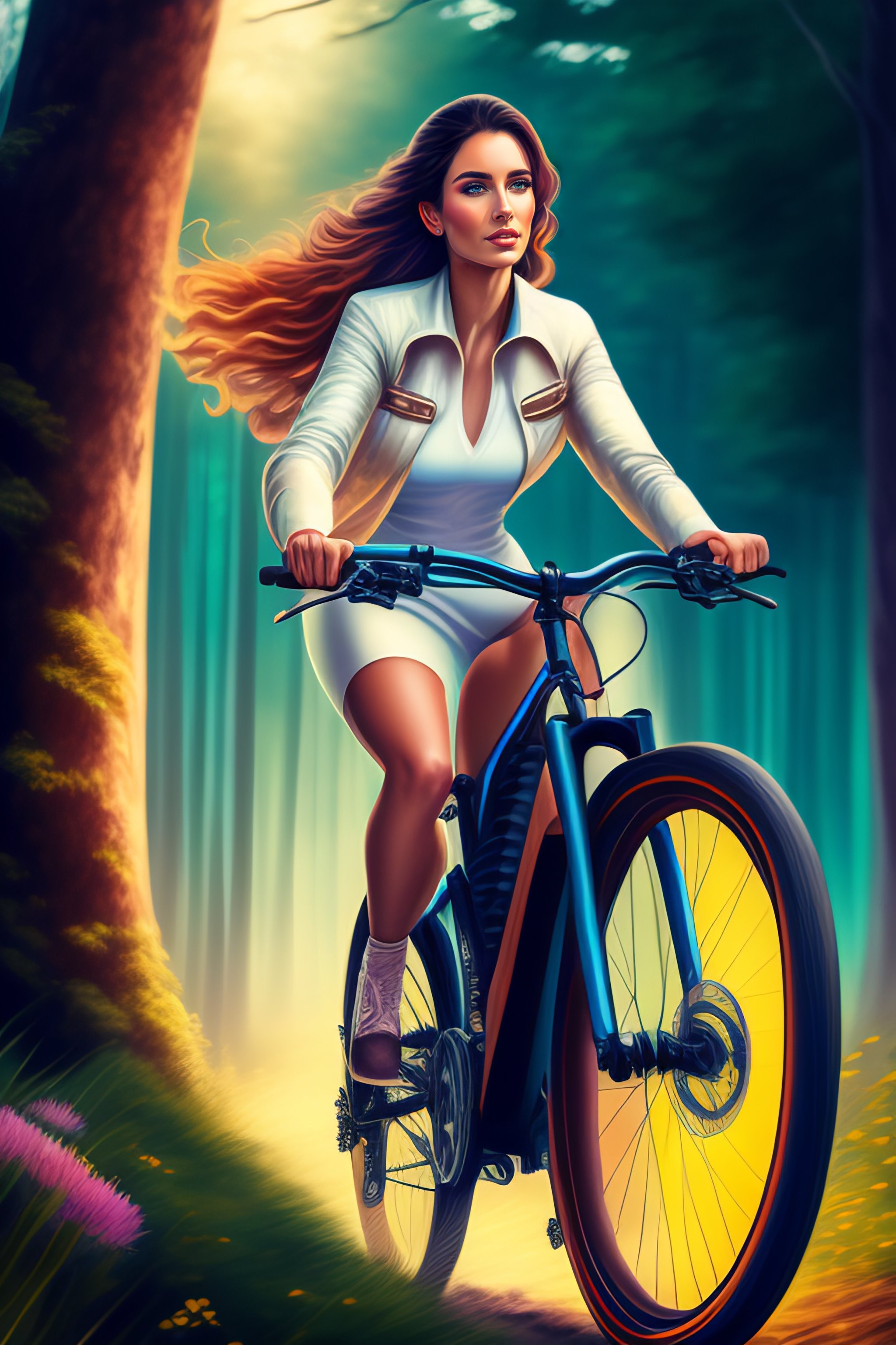 Lexica - Illustration of brown hair, white skin woman riding a bike in ...