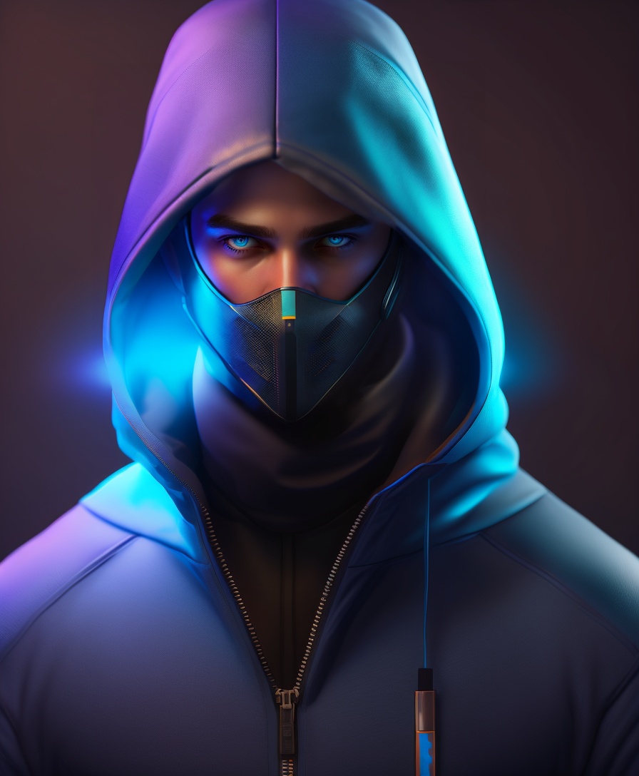Lexica - Male character in hood, neon blue, mask, dark