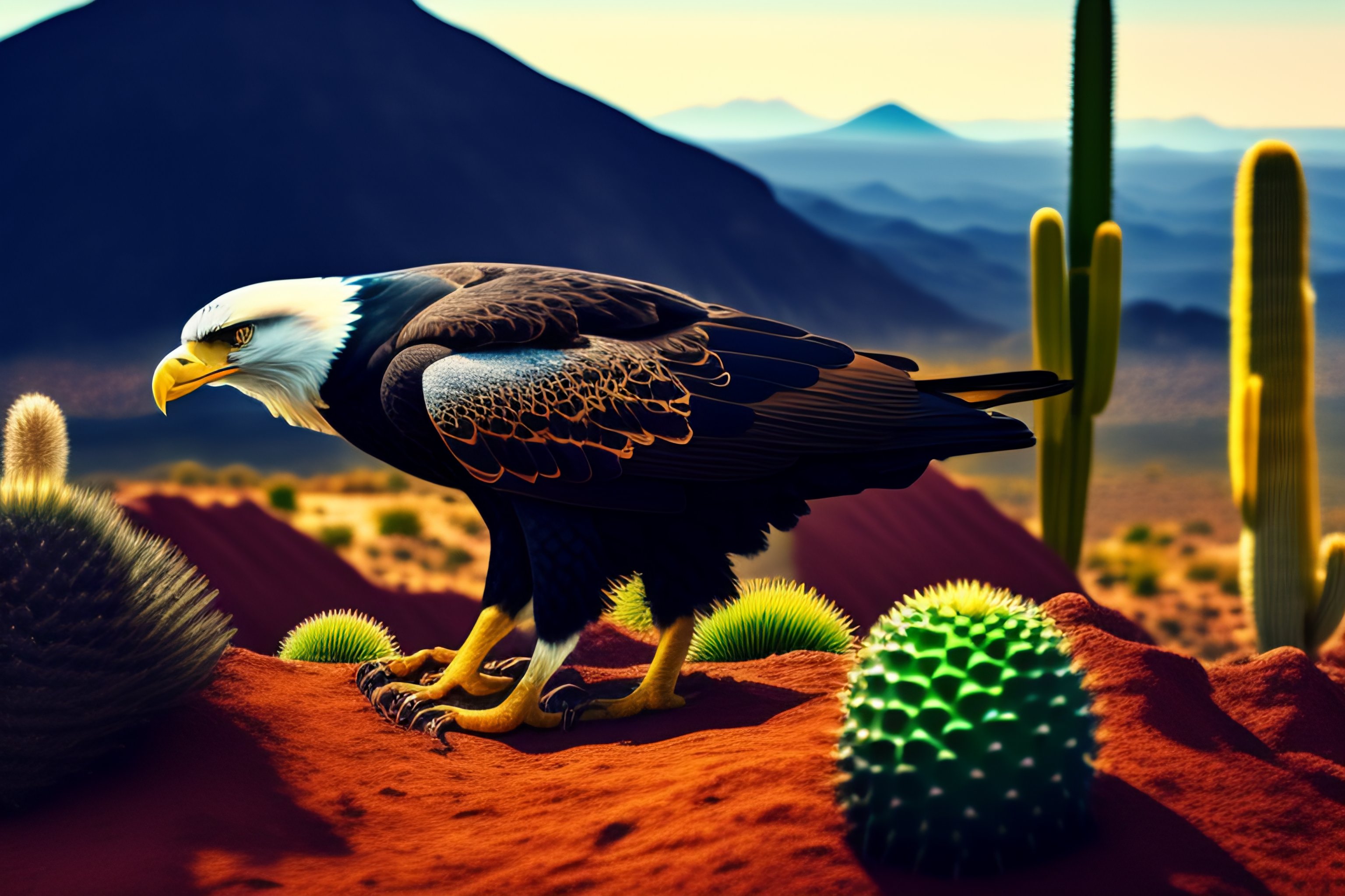 Eagle Eating Snake On Cactus