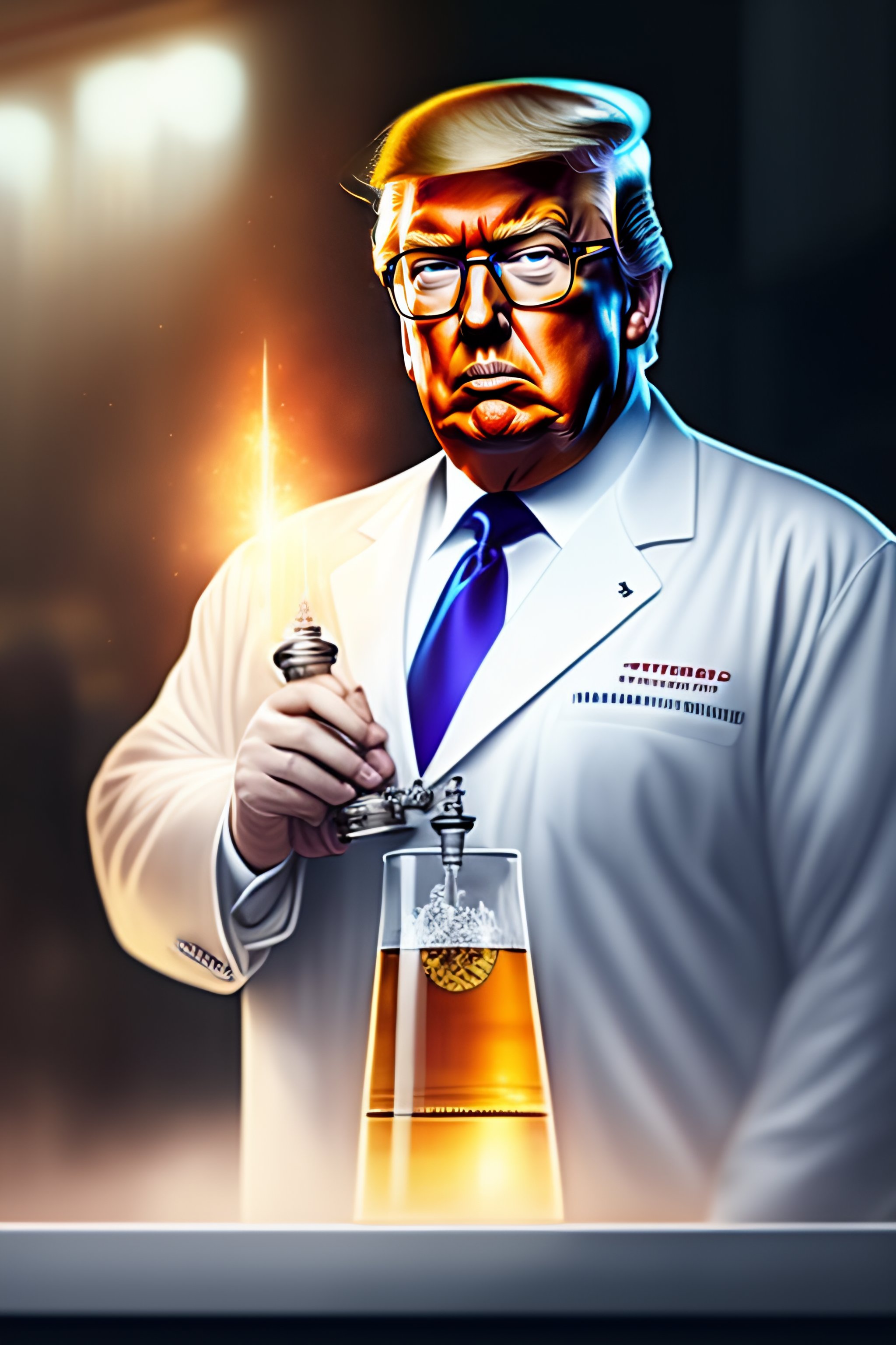 Lexica - Donald Trump holds a ehrlenmeyer flask at eye level, wearing a ...